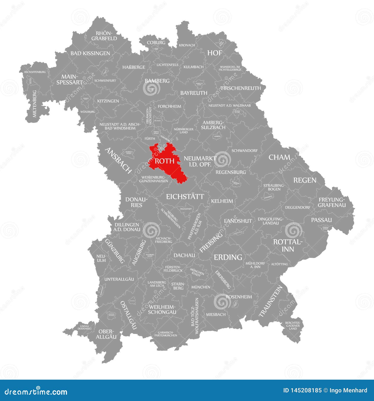 Roth County Red Highlighted in Map of Bavaria Germany Stock ...