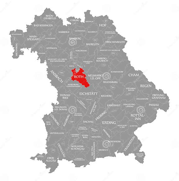 Roth County Red Highlighted in Map of Bavaria Germany Stock ...
