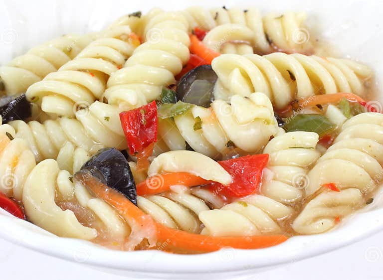Rotini salad in white dish stock photo. Image of view - 15281858