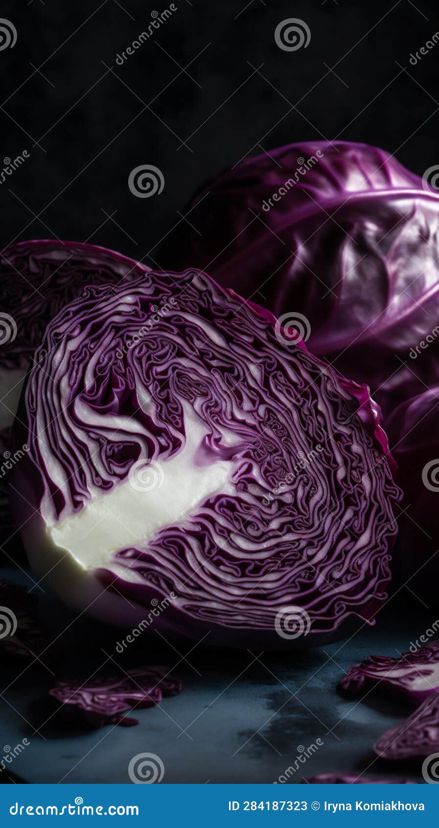 Rotkohl Red Cabbage Cut in Half, on a Black Background, Pattern for ...