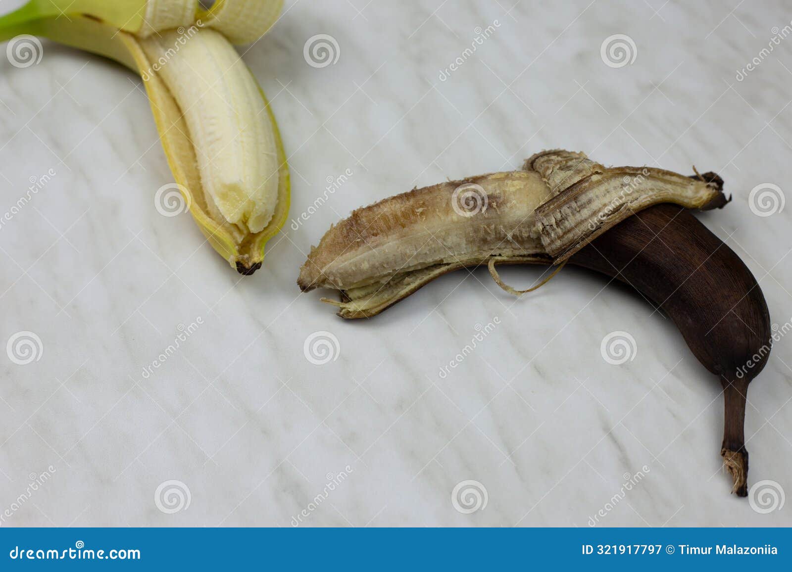 Rotten Spoiled Banana in Open Peel Next To Fresh Banana Fruit on White ...