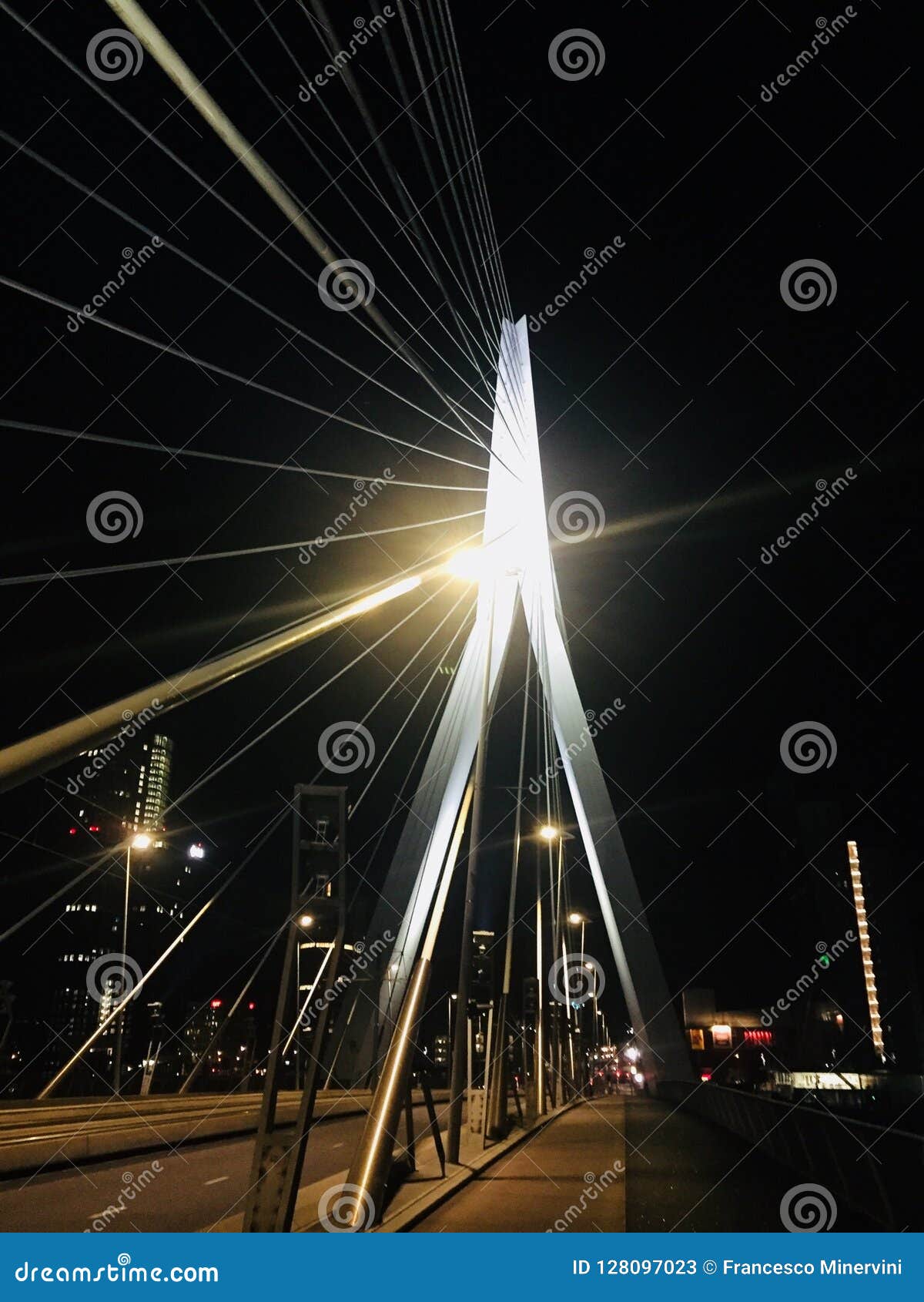 Rotterdam Erasmusbrug Night Time Stock Image - Image of buildings, cars ...