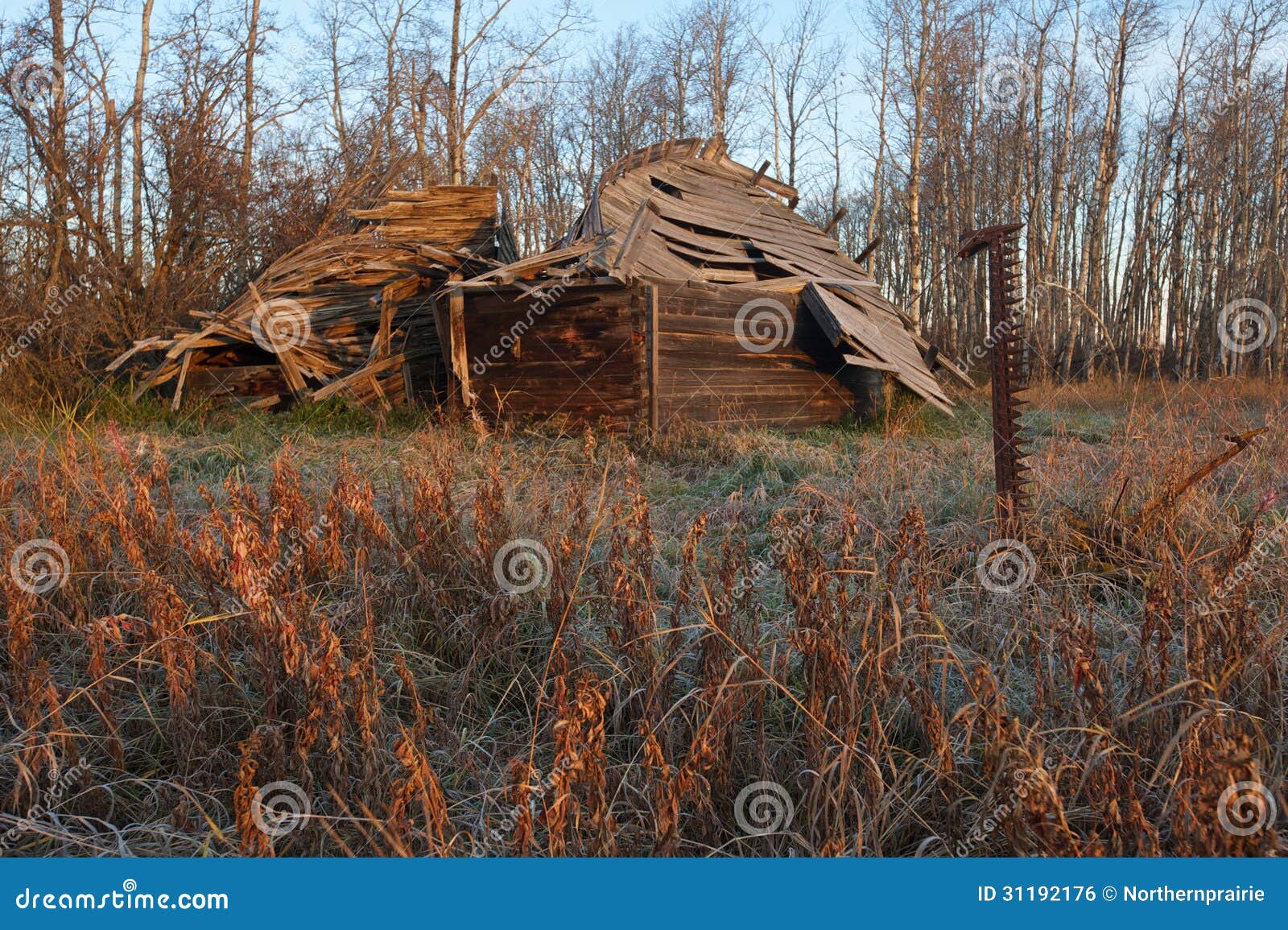Rotting Old Barn with Rusty Mower in Foreground Stock Photo - Image of ...