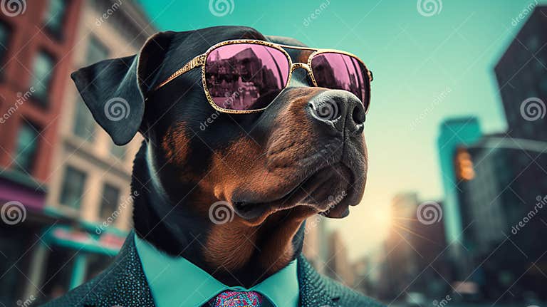 A Rottweiler Dog Wearing Sunglasses and Dressed in a Suit on a City ... A Rottweiler Dog Wearing Sunglasses and Dressed in a Suit on a City ...