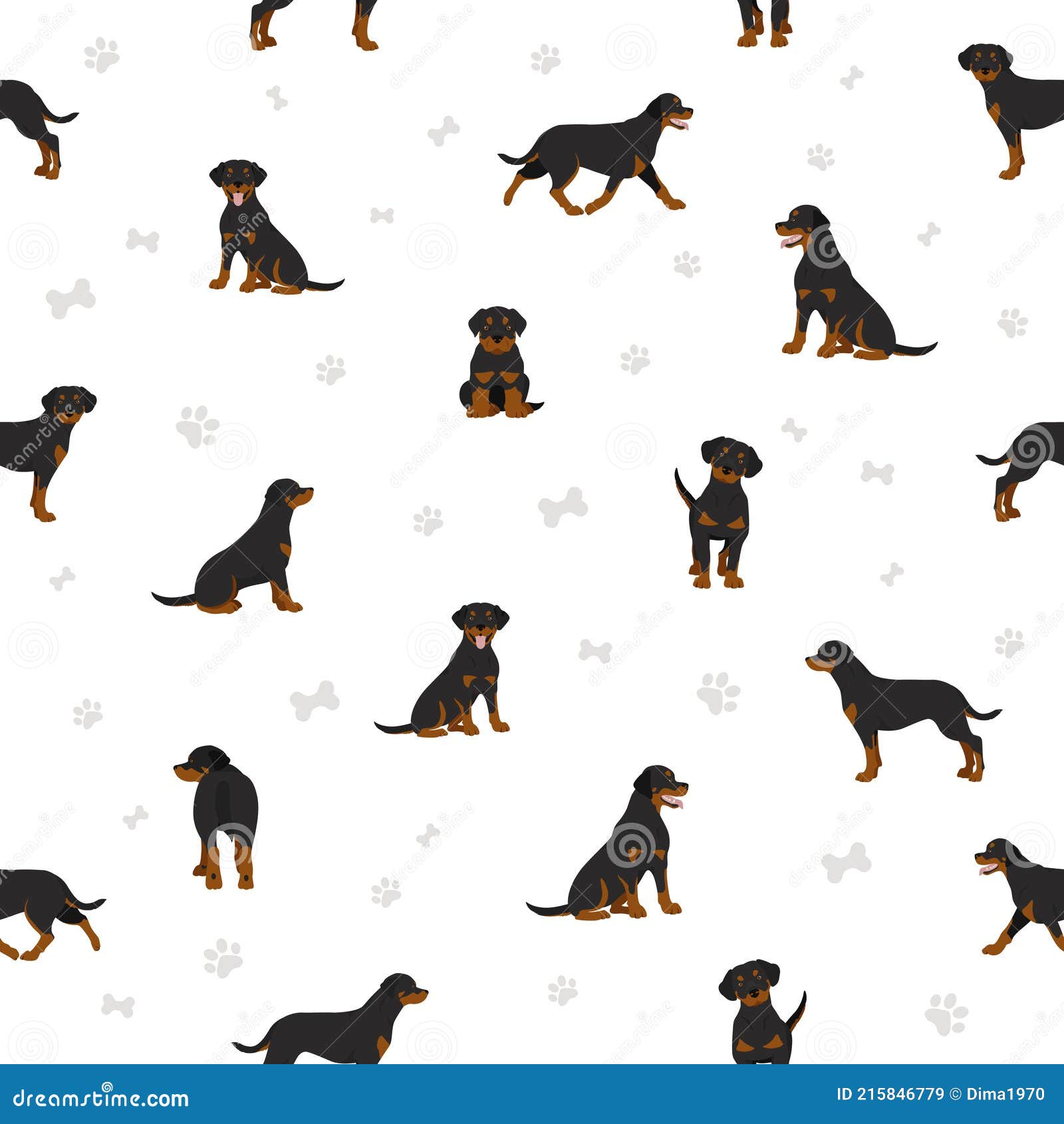 Rottweiler Seamless Pattern. Different Poses, Coat Colors Set Stock ...