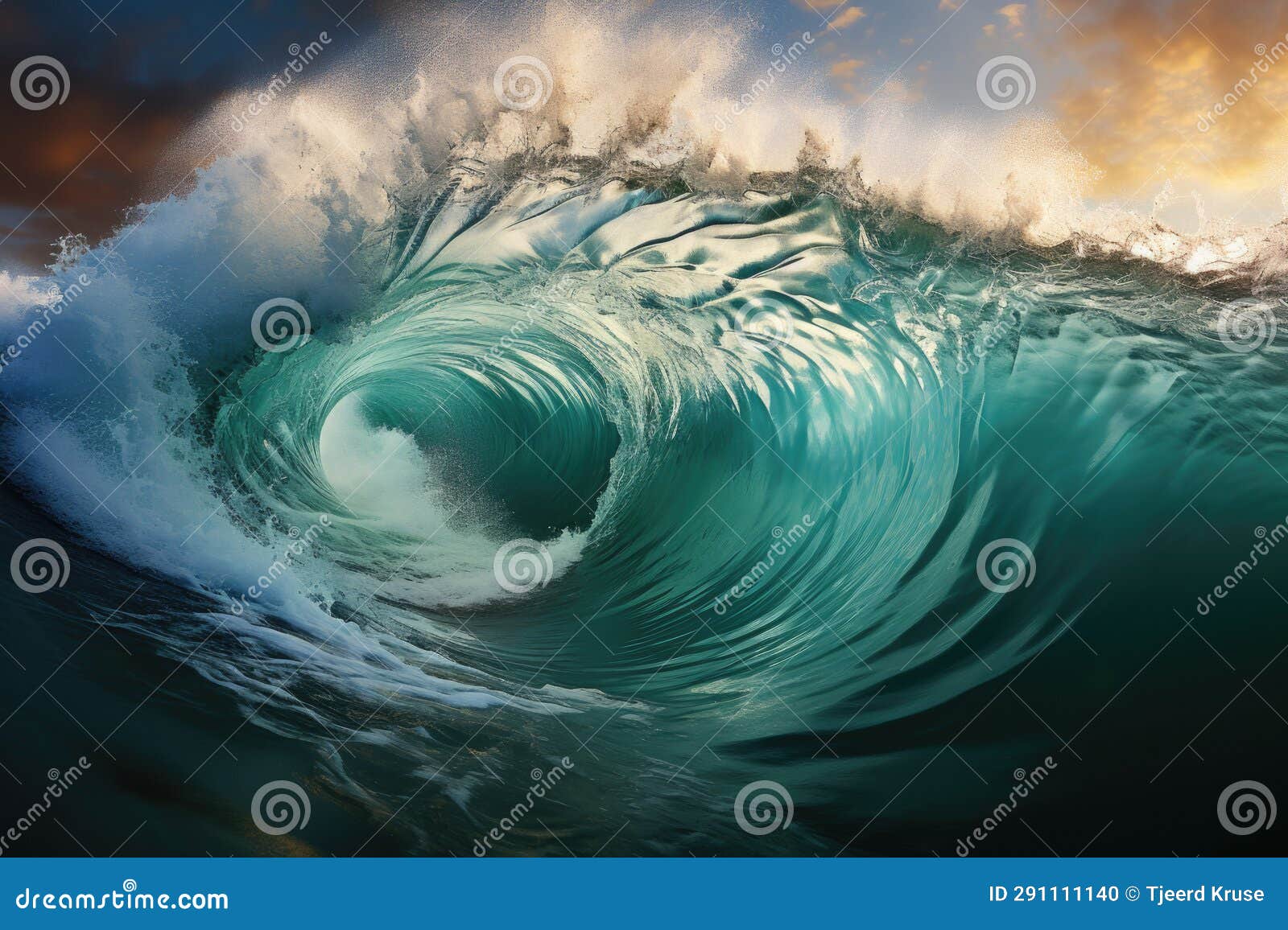 Rough Colored Ocean Wave Falling Down at Sunset Time Stock Illustration ...