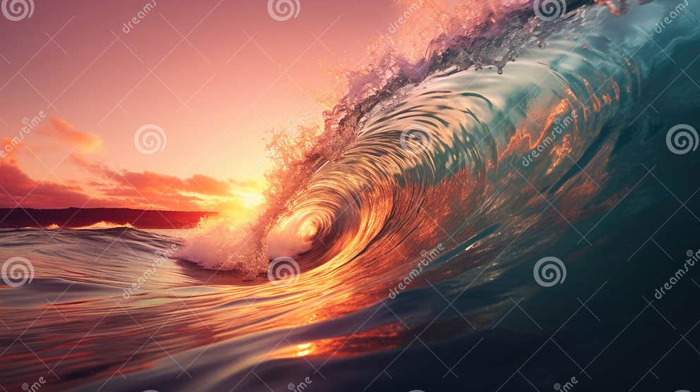 Rough Colored Ocean Wave Falling Down at Sunset Time Stock Illustration ...