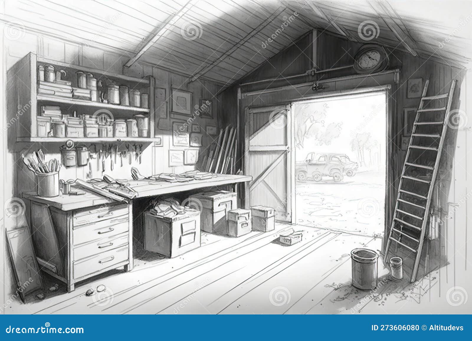 Rough Pencil Sketch of Garage, with Tools and Supplies on the Workbench ...
