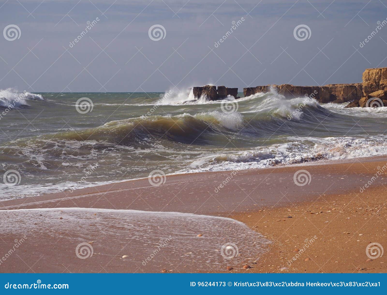 Rough Sea Sand Beach with Beautiful Sandstone Cliffs Stock Image ...