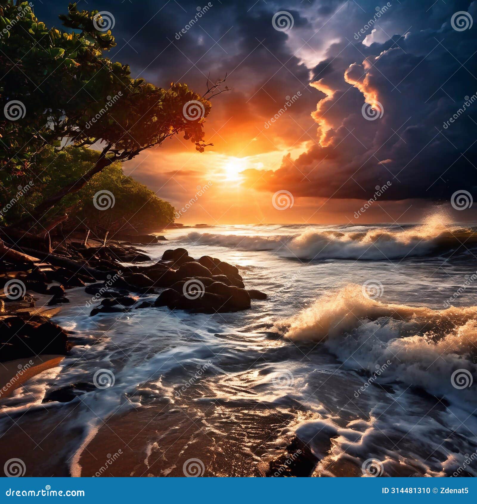 Rough Sea Wild Surf Coast Lined Mangroves Stock Illustration ...