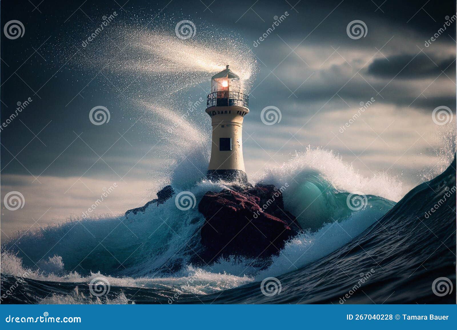 Dramatic Stormy Scene of the Ocean Crashing Against a Lighthouse Stock ...