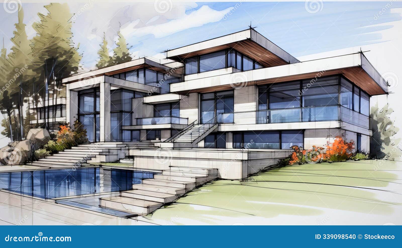 Rough Sketch of Modern Luxury Villa 13 Facade Elevation Design Stock ...