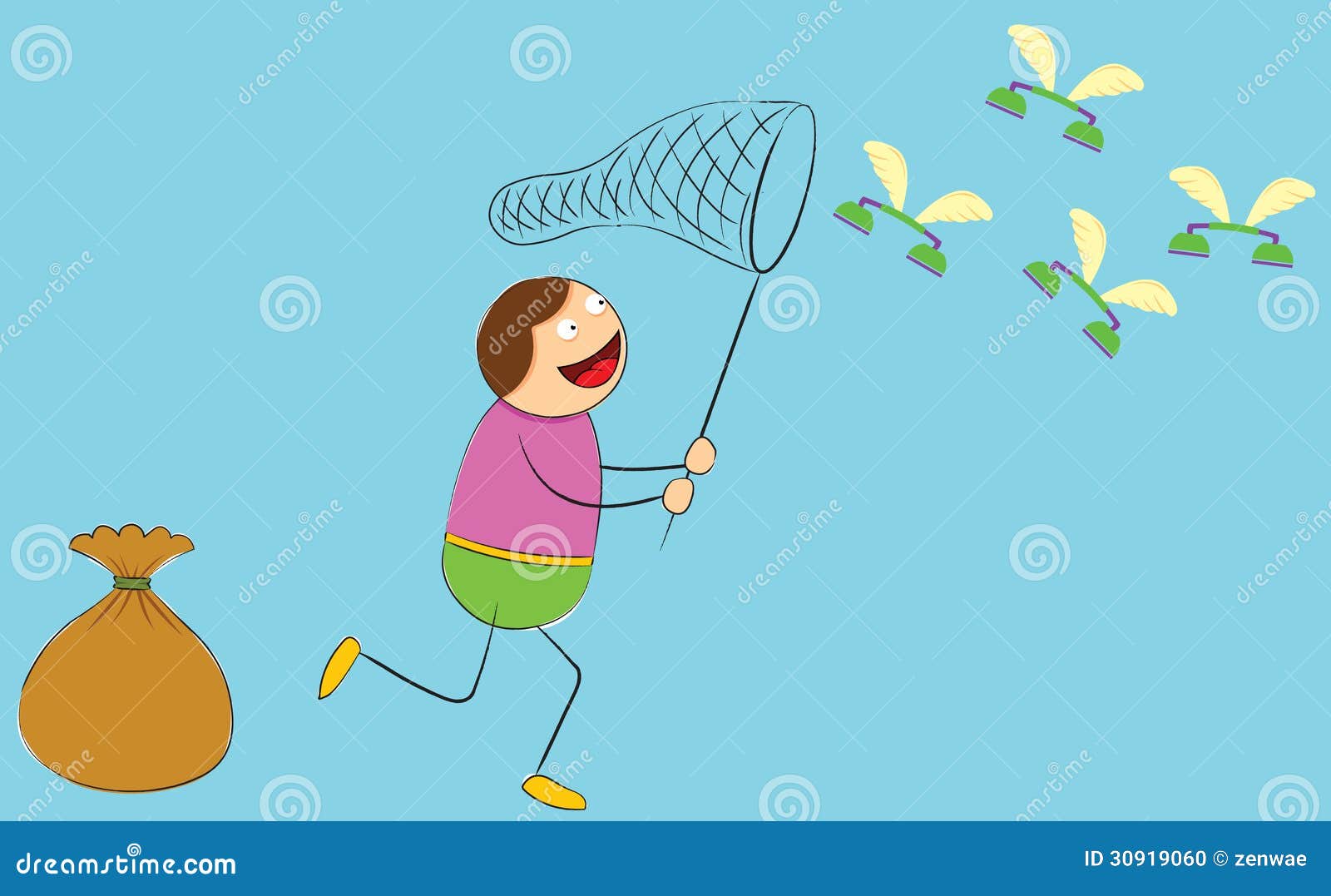 Rough Stick Figure - Man with Net Stock Vector - Illustration of wing ...