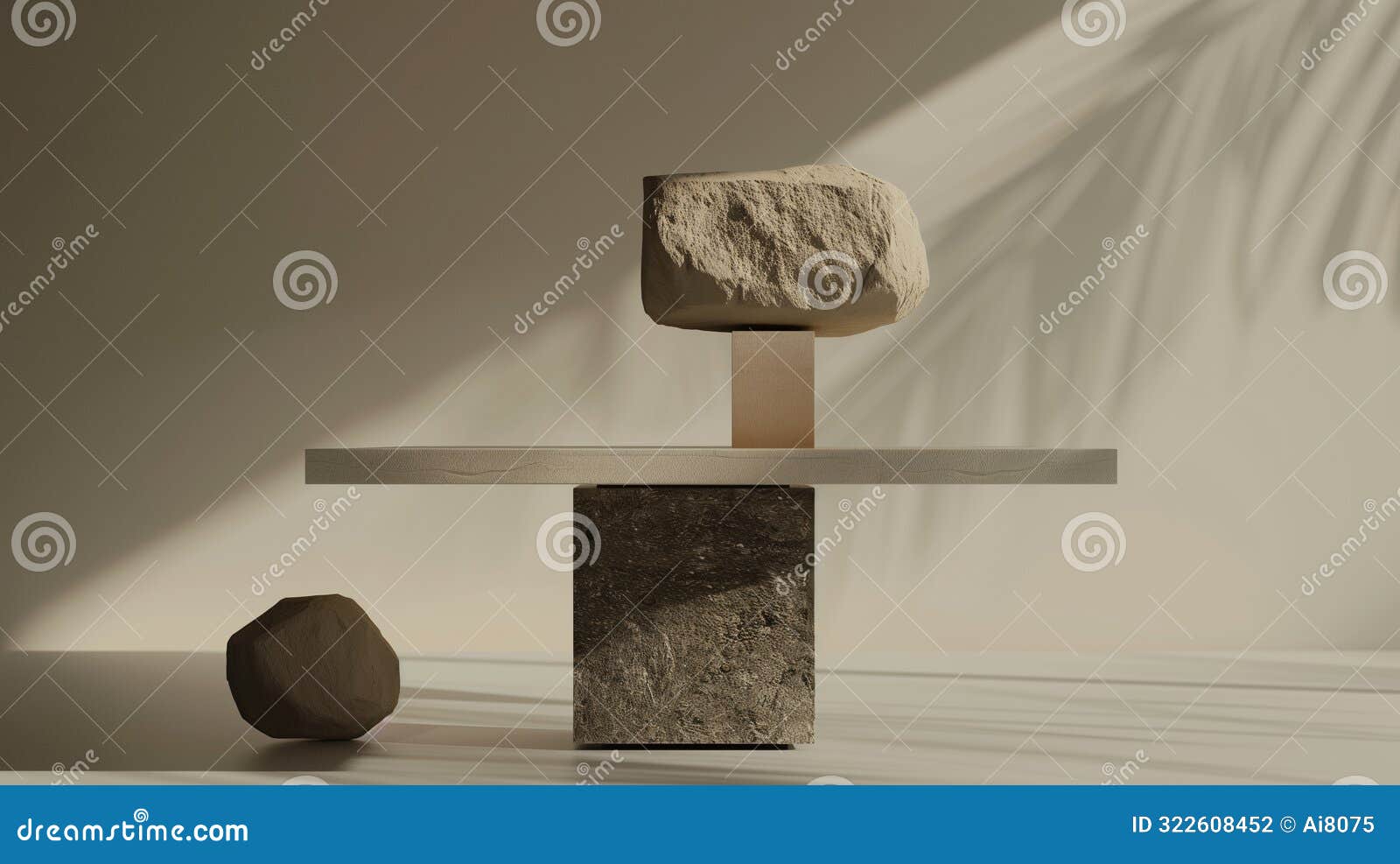 Rough Stone Balanced on Wooden Column Atop Rectangular Table Podium, Ai ...