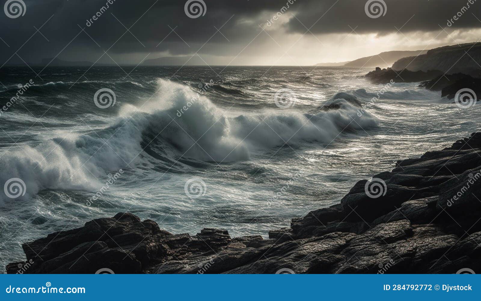 Rough Wave Pattern Crashes Against Cliff, Spray Splashing Wet Generated ...