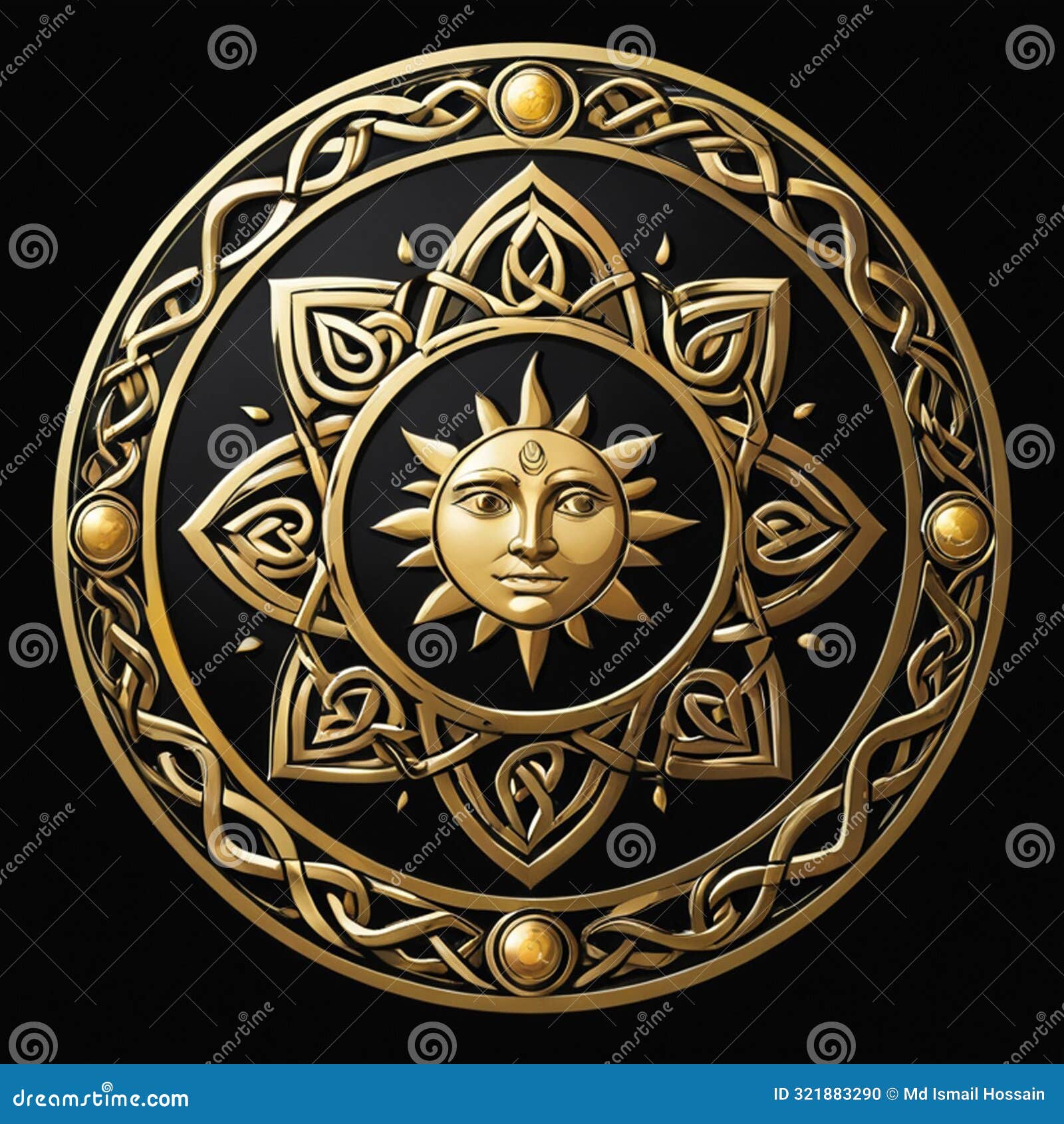 Round Ancient Gold Medallion a Sun.Solid Black Background Stock ...