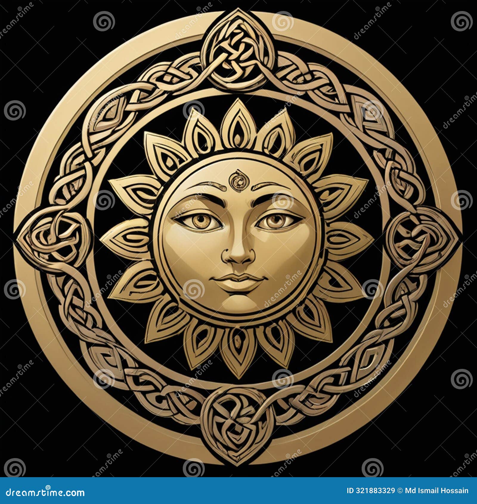 Round Ancient Gold Medallion a Sun.Solid Black Background Stock ...