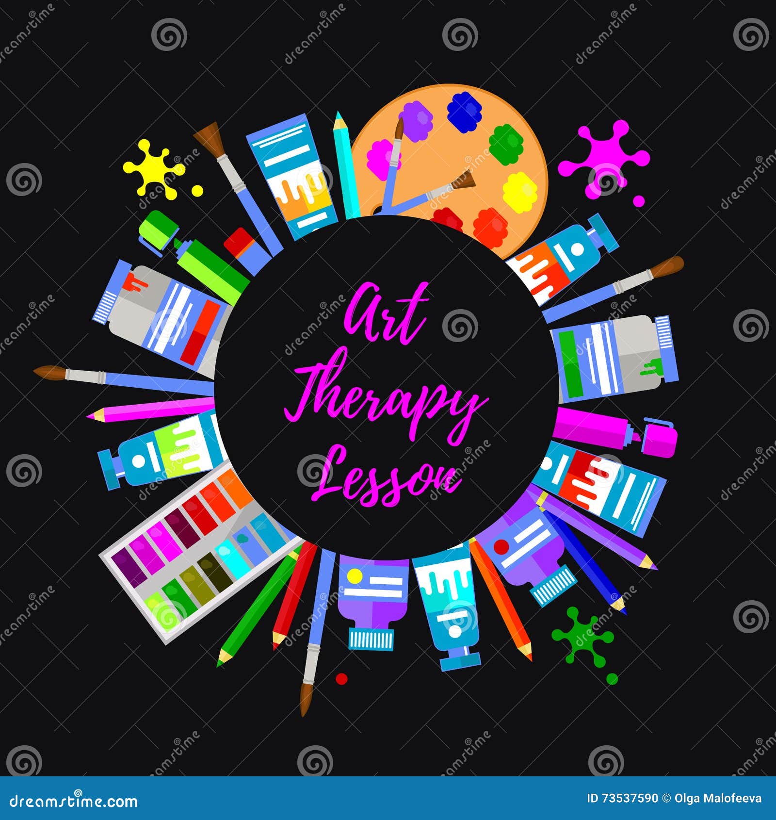 Artistic Tools And Art Supplies With Easel, Palette Paints Brush And ...