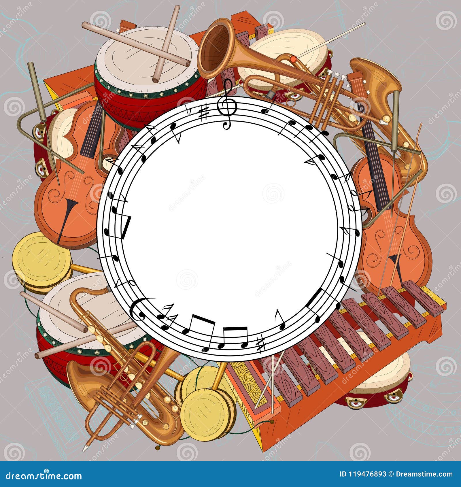 Round Background with Notes and Musical Instruments on Grey. Stock ...