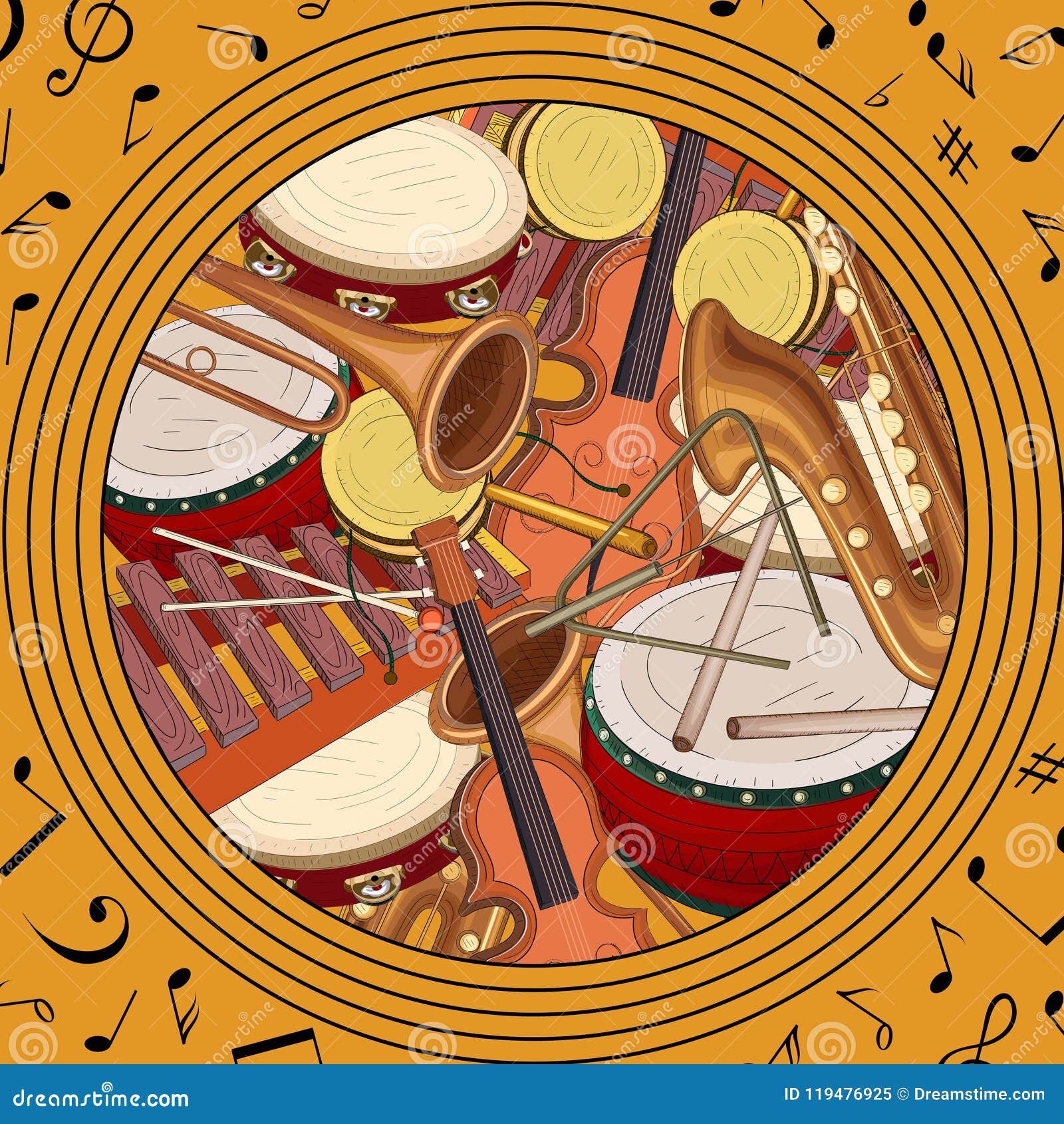 Round Background with Notes and Musical Instruments. Stock Vector ...