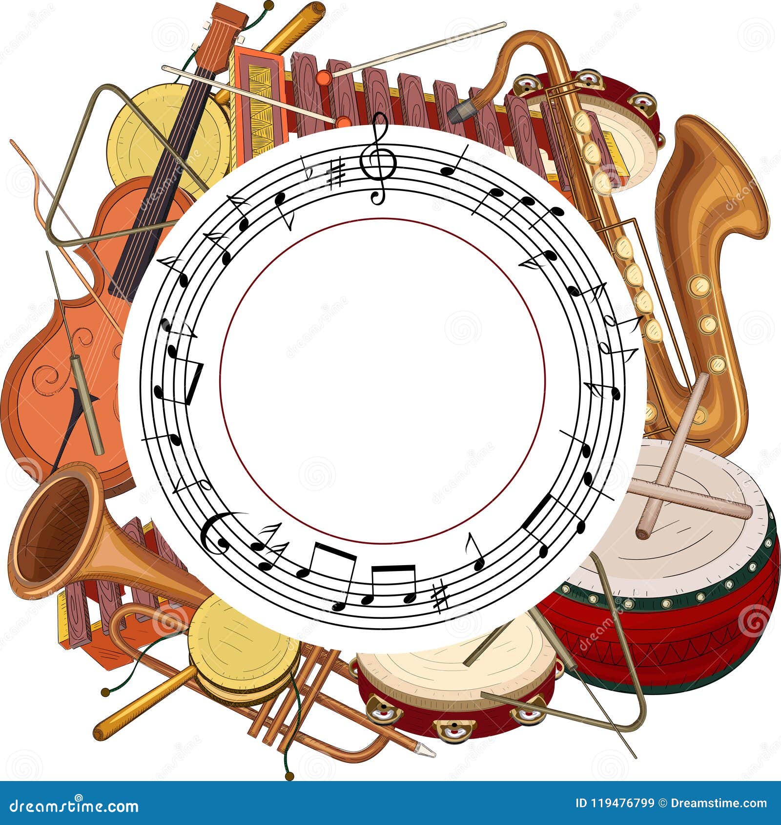 Round Background with Notes and Musical Instruments. Stock Vector ...