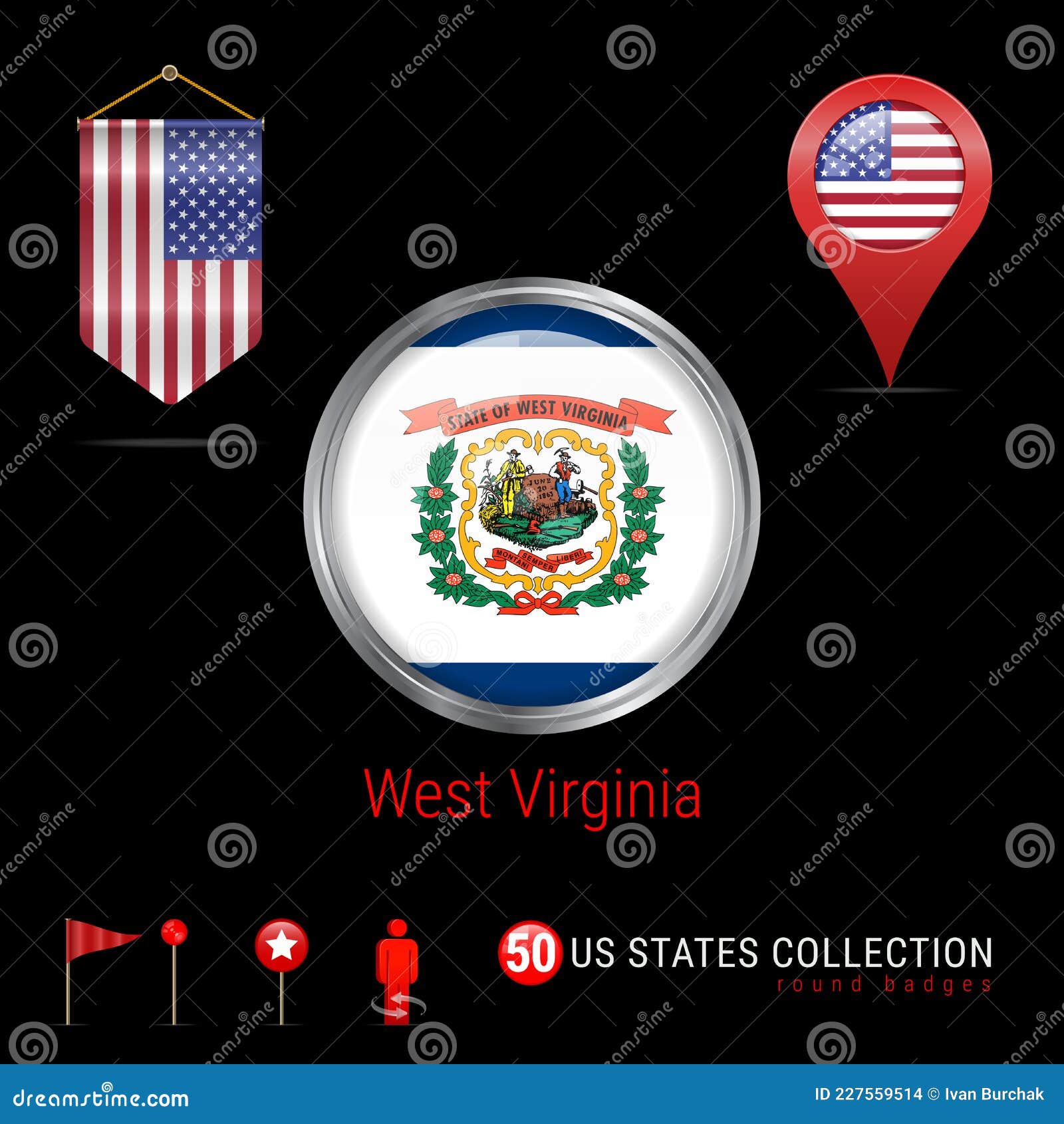 Round Chrome Vector Badge with West Virginia US State Flag. Pennant ...