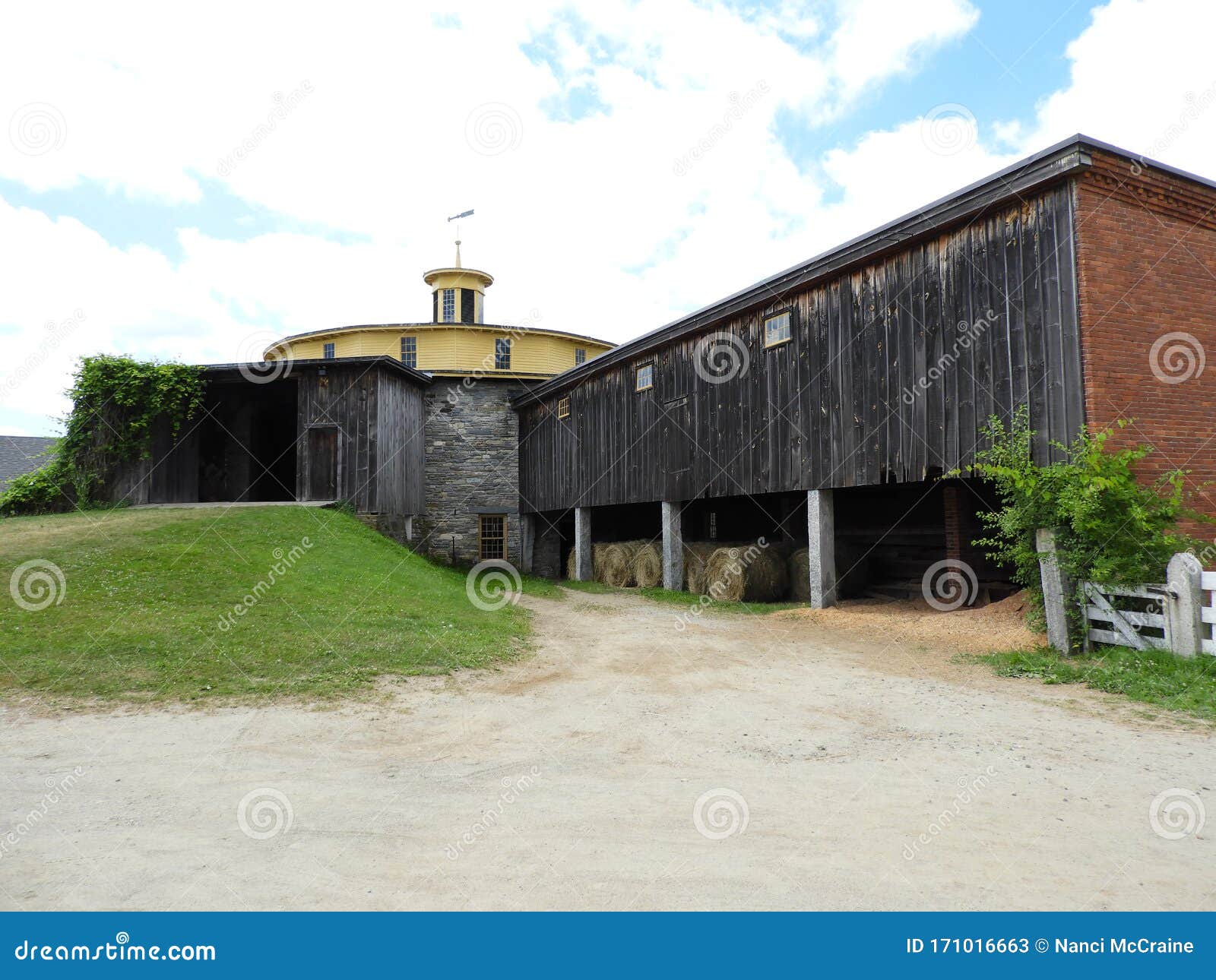 Round Stone Barn Backyard Attached Wood Buildings Stock Image - Image ...