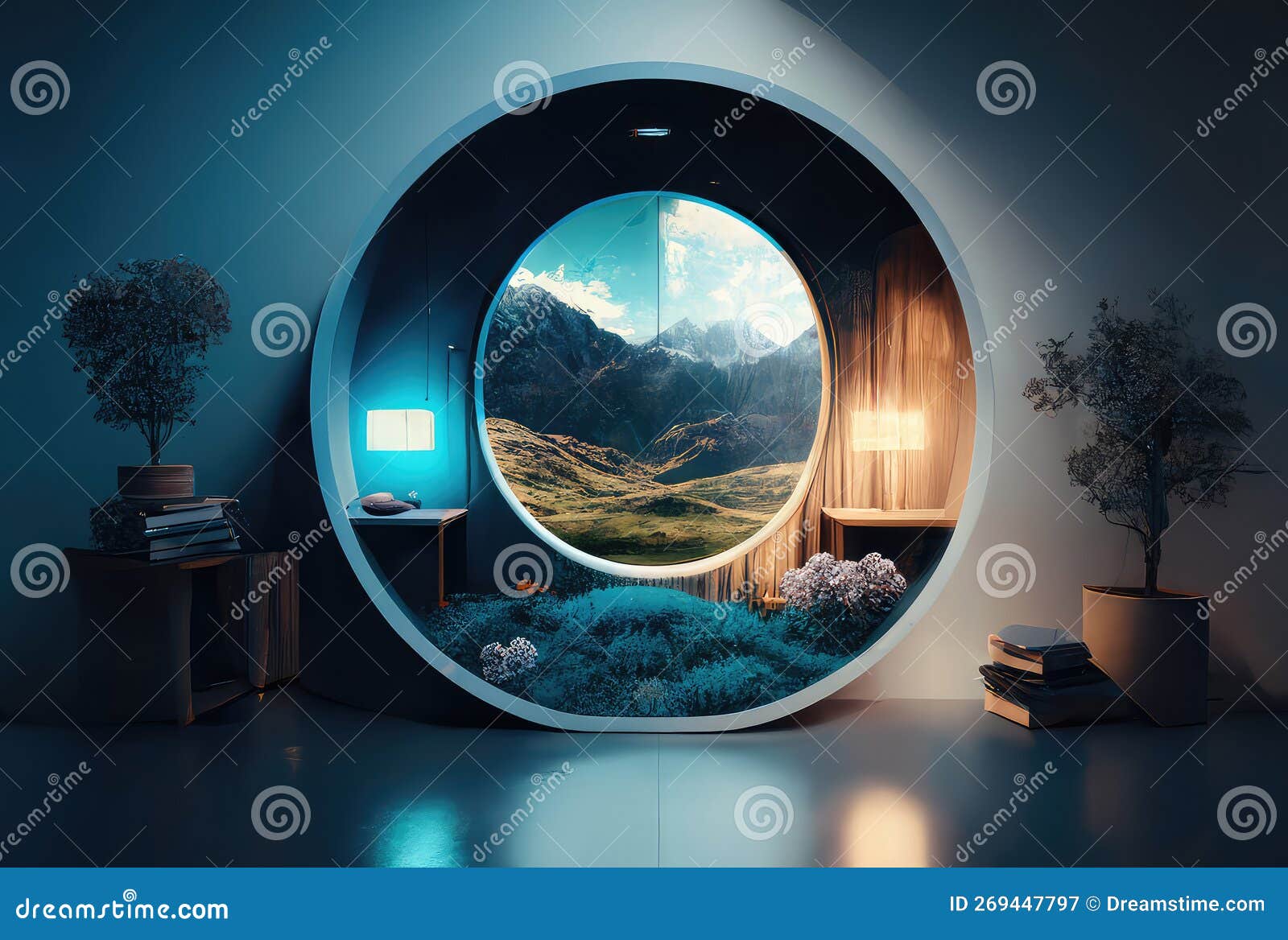Round Beautiful Window Overlooking Mountains. Room with Modern Interior ...