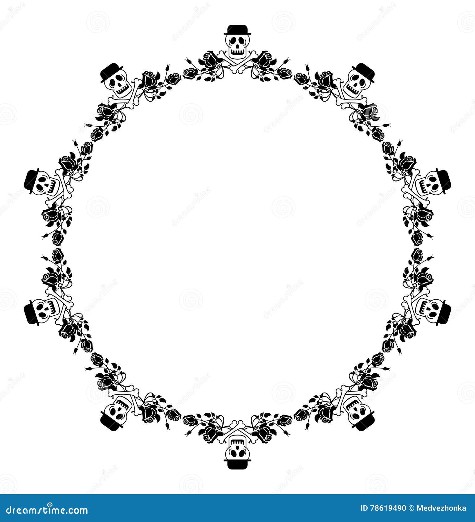 Round Black and White Frame with Skull in Hat and Roses. Stock ...