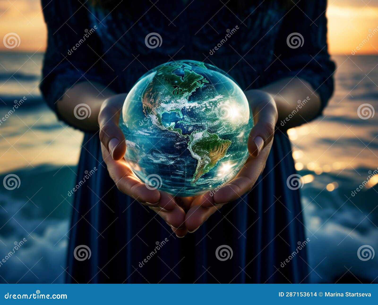 Round Blue Planet Earth with Continents in Caring Female Hands Stock ...