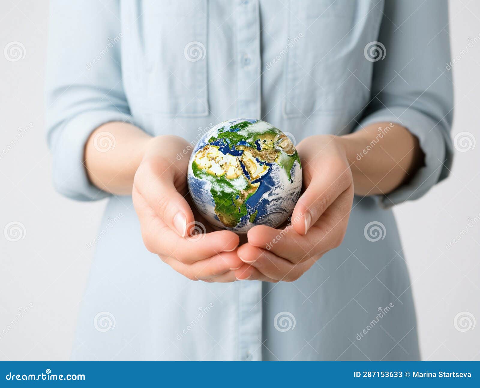 Round Blue Planet Earth with Continents in Caring Female Hands Stock ...