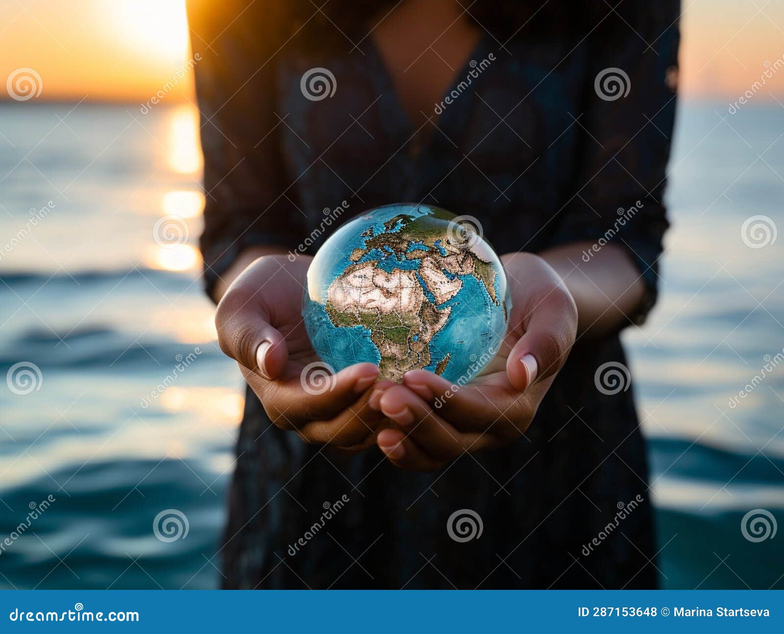 Round Blue Planet Earth with Continents in Caring Female Hands Stock ...