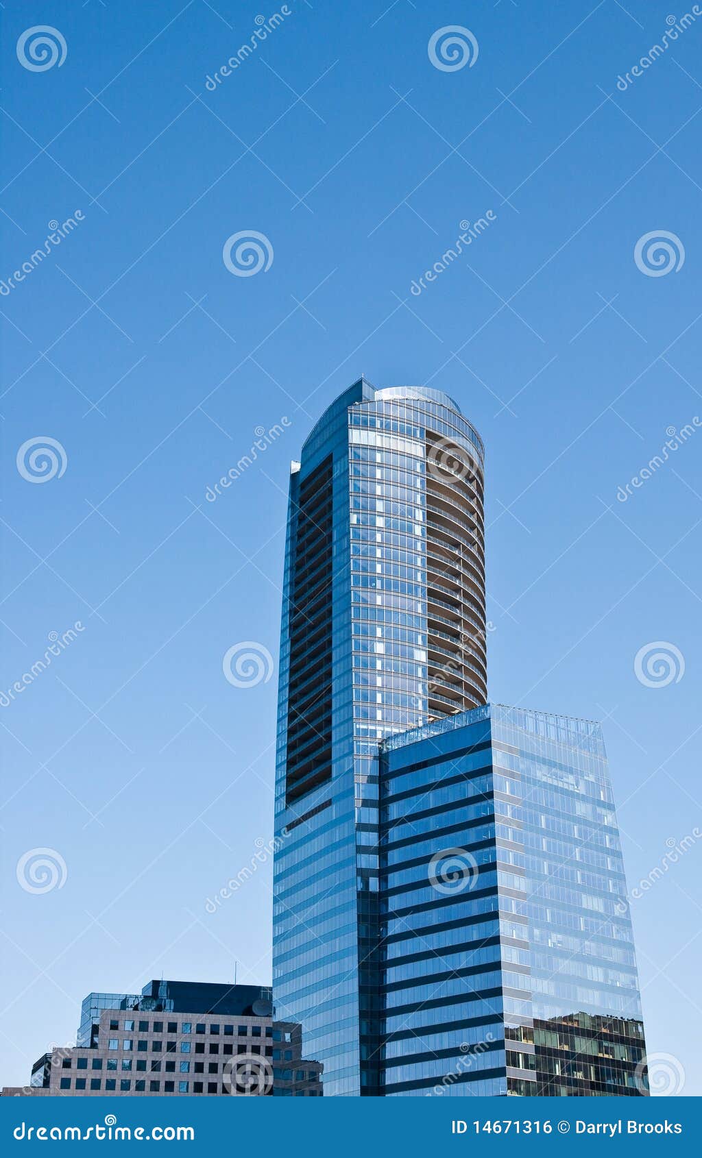 Round Blue Tower by Square Blue Office Stock Photo - Image of building ...