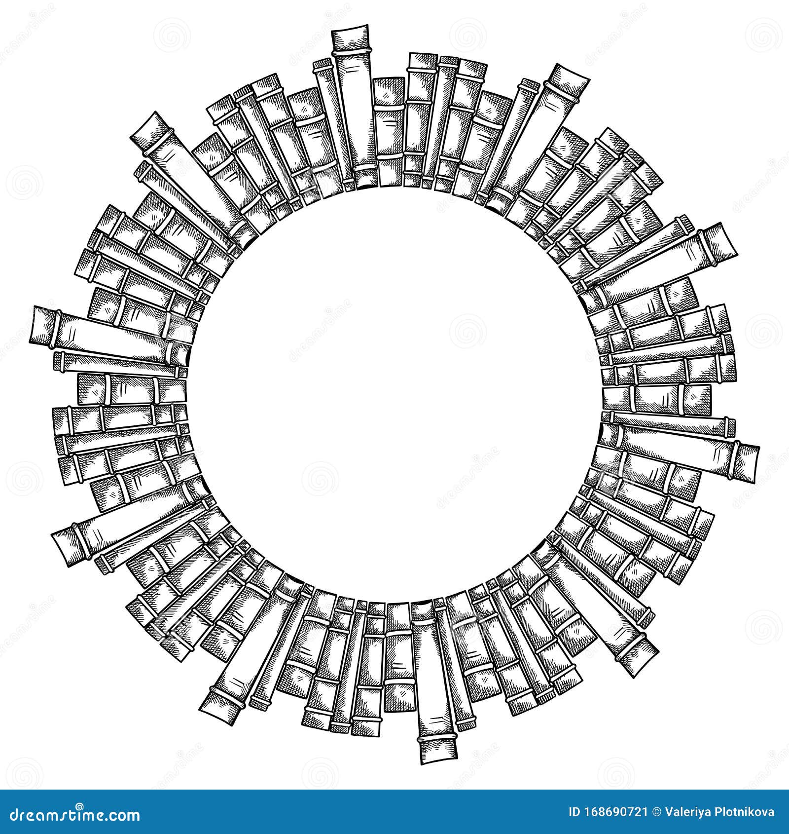 Round Border from Books with Hatching. Engraving Bookshelf in Circle ...