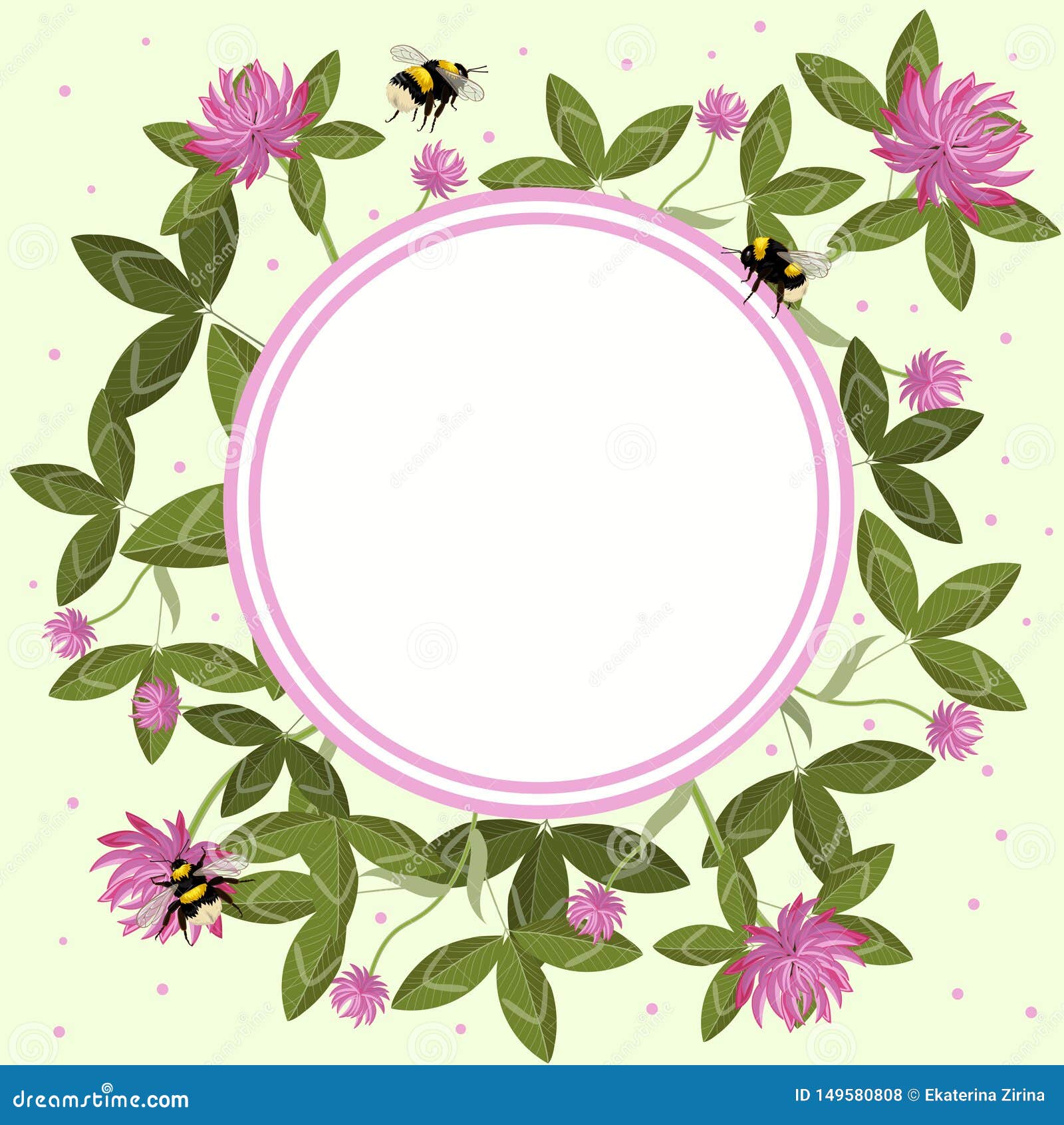 Round Border of Clover Leaves, Flowers and Bumblebees, Empty Flower ...