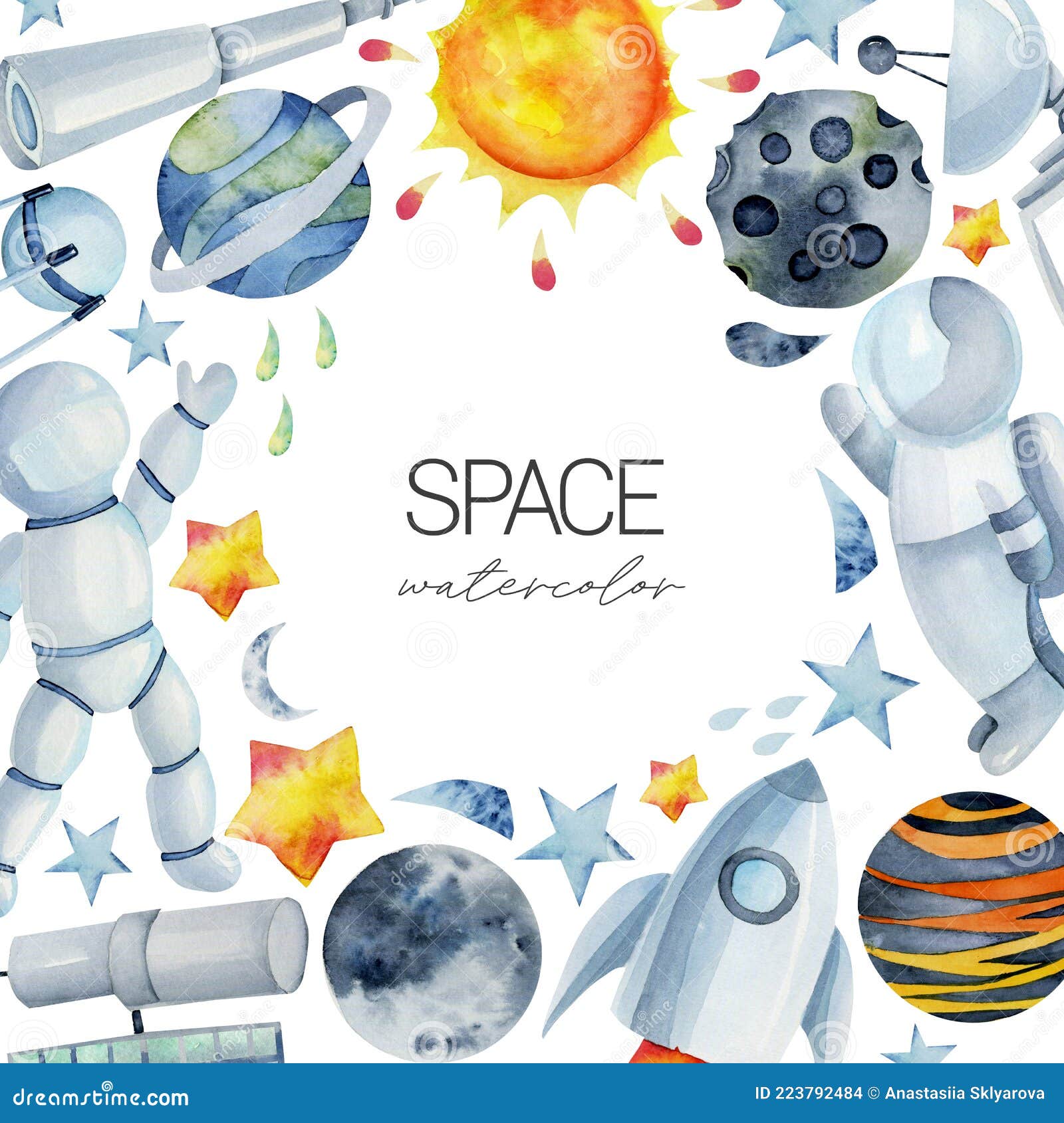 Round Border of Watercolor Space Elements Stock Illustration ...