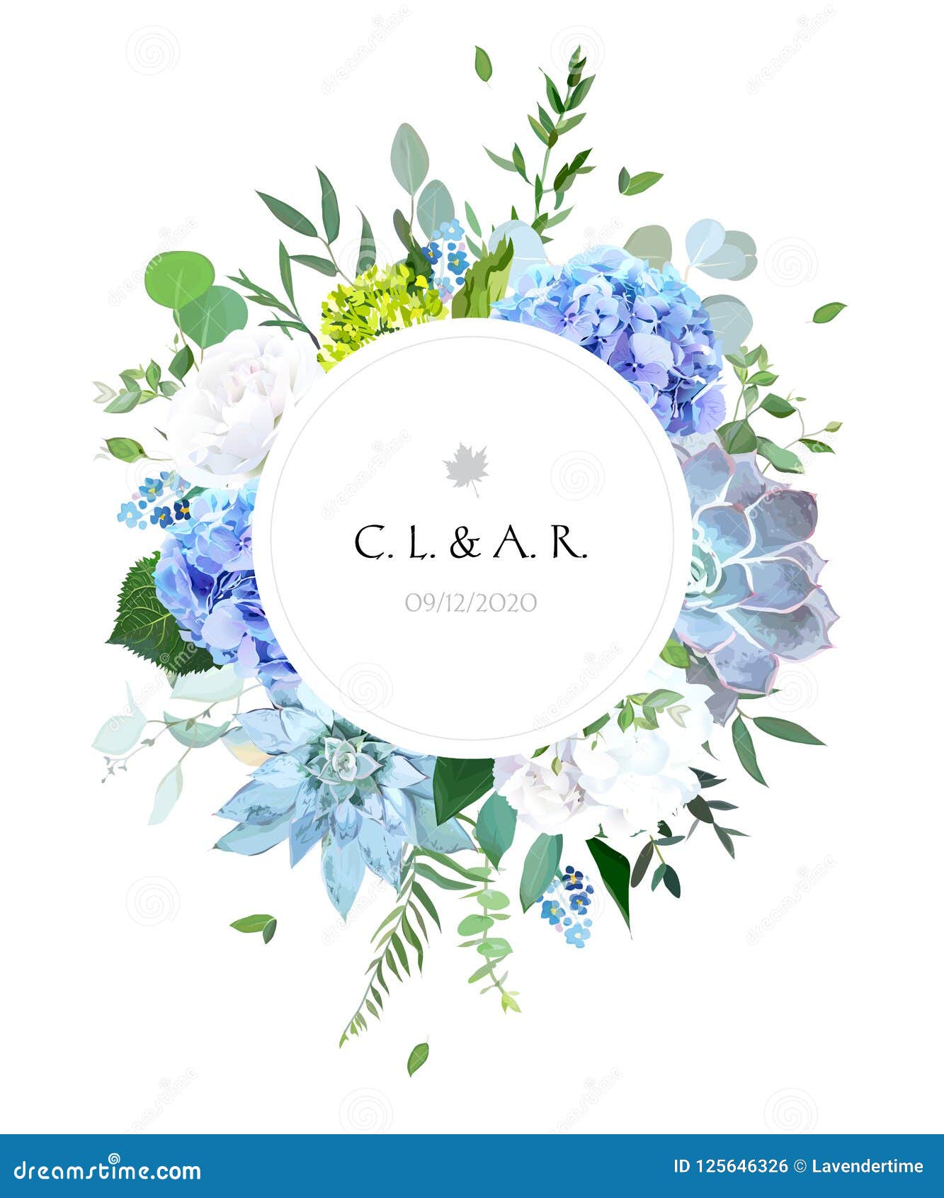 Round Botanical Vector Design Frame. White Rose, Hydrangea, Euca ...