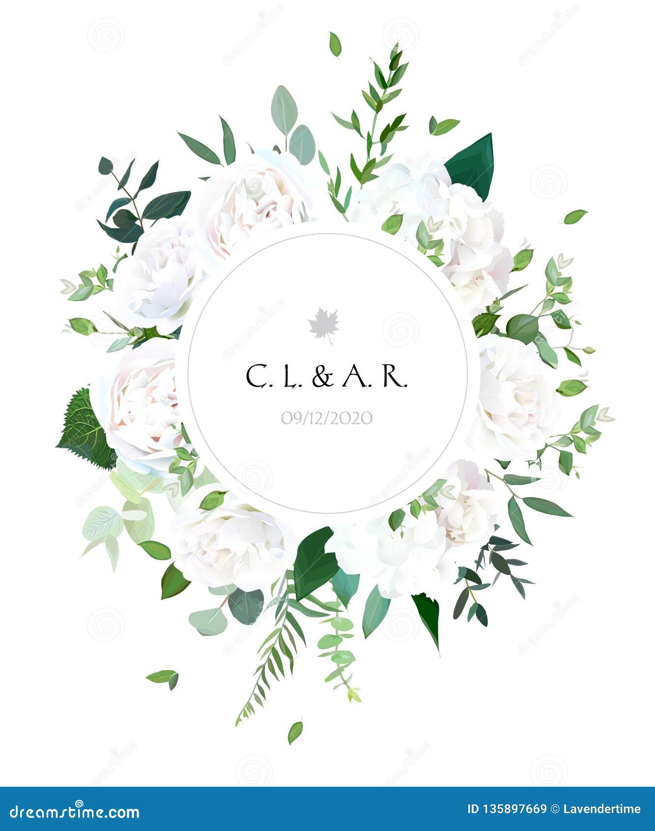 Greenery And White Peony, Rose Flowers Vector Design Round Invitation ...