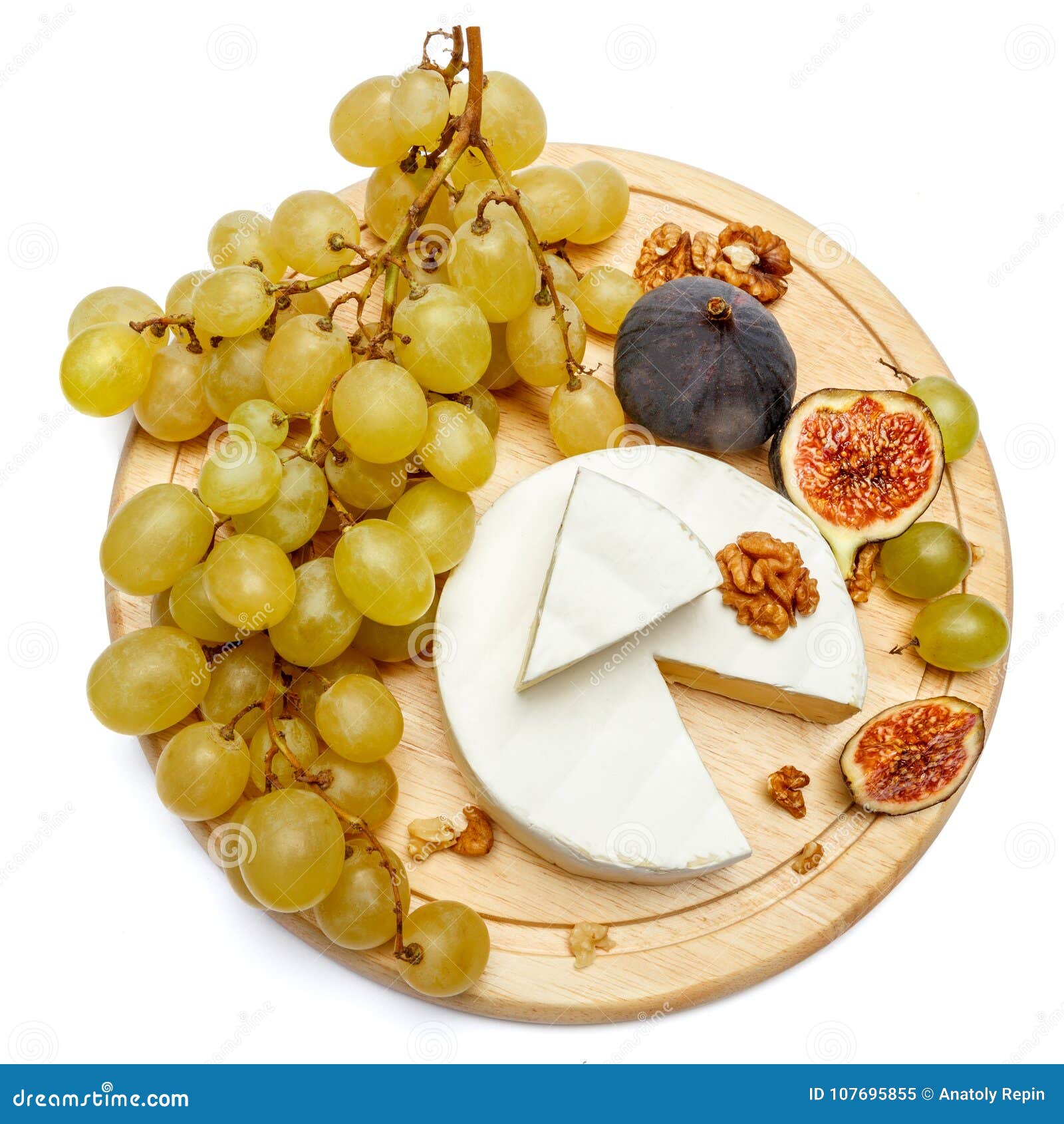 Round Brie or Camambert Cheese on Cutting Board White Background Stock ...