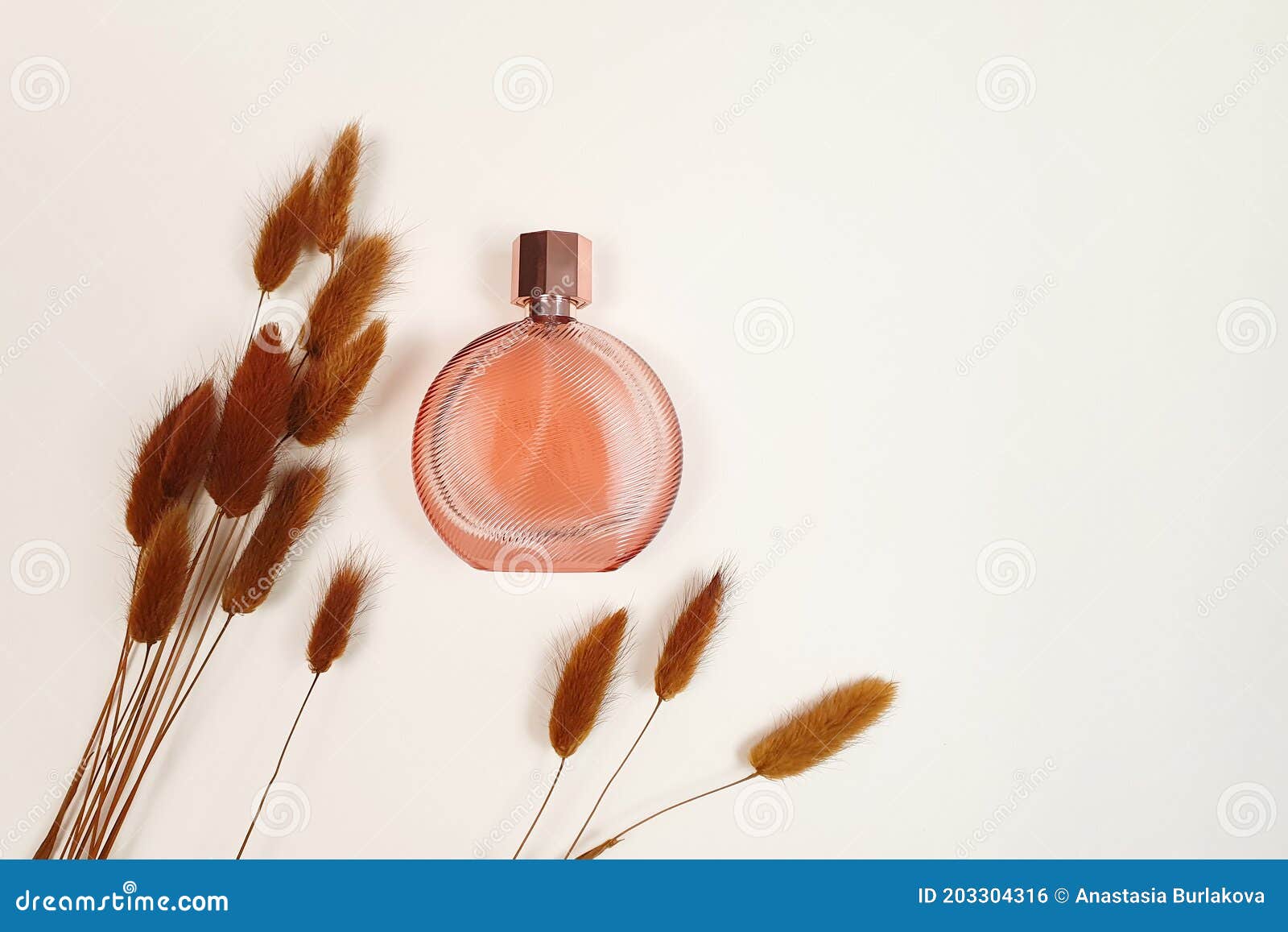 Round Brown Perfume Bottle and Brown Herbs on Ivory Table. Top View ...