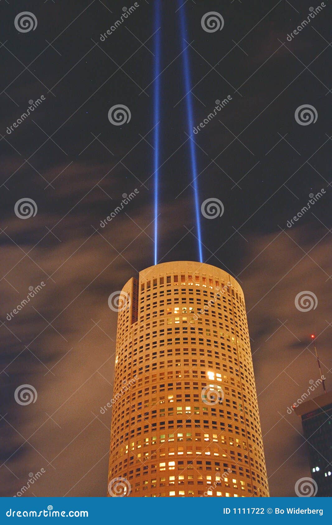 Round Building with Two Spotlights at Night Stock Photo - Image of ...