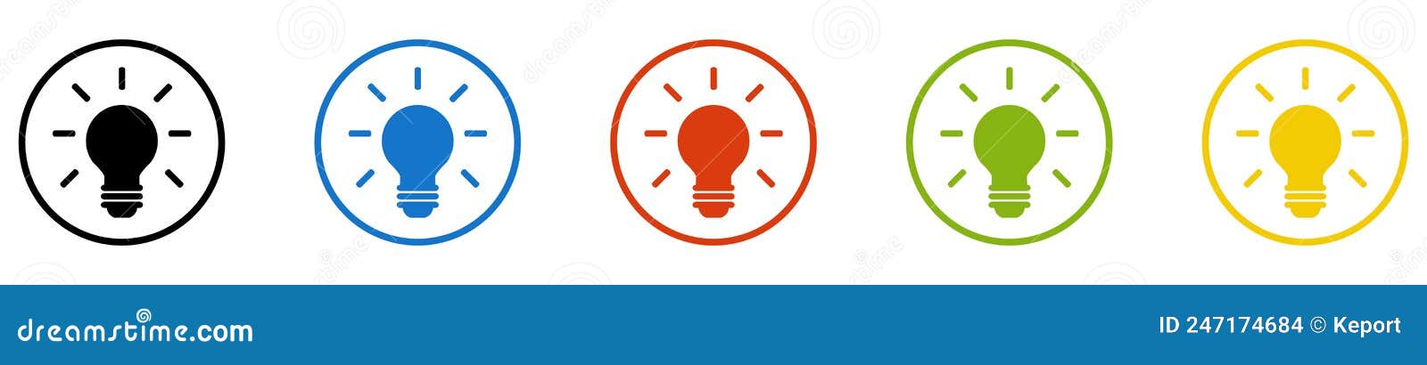 Round Button Collection - Light Bulb Icon in Black, Blue, Red, Green ...
