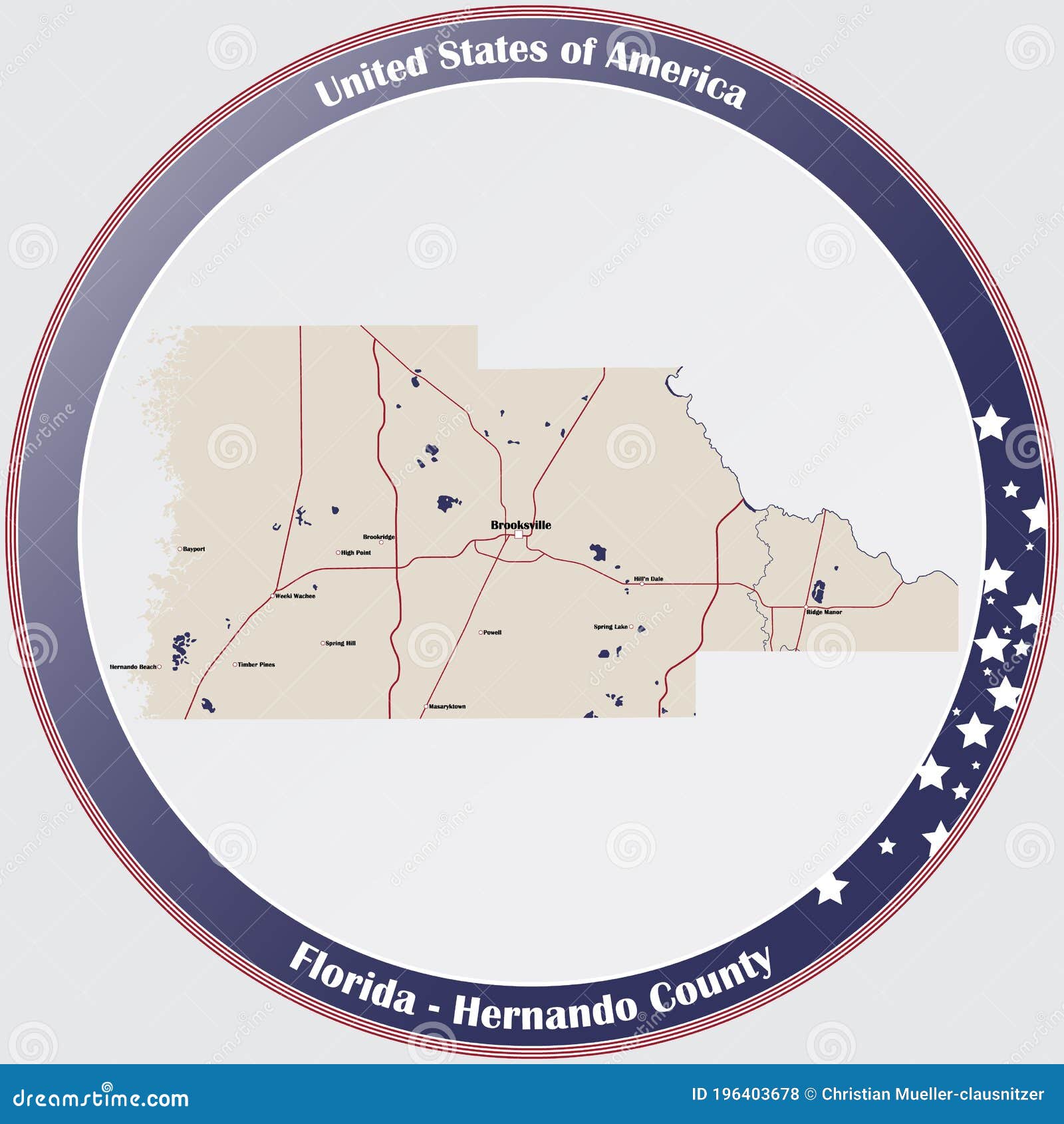 Map of Hernando County in Florida Stock Vector - Illustration of blue ...