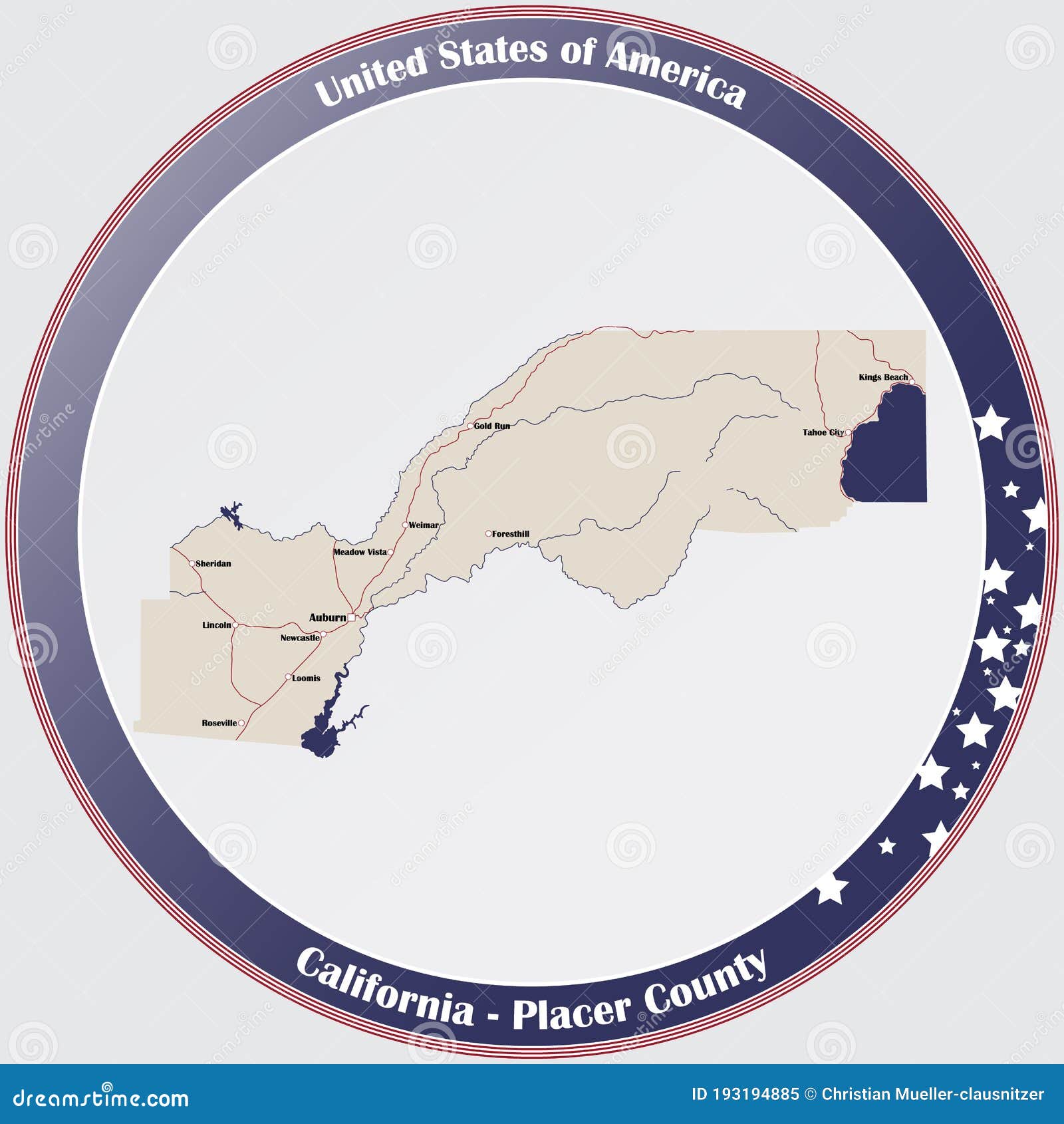 Map of Placer County in California Stock Vector - Illustration of blue ...