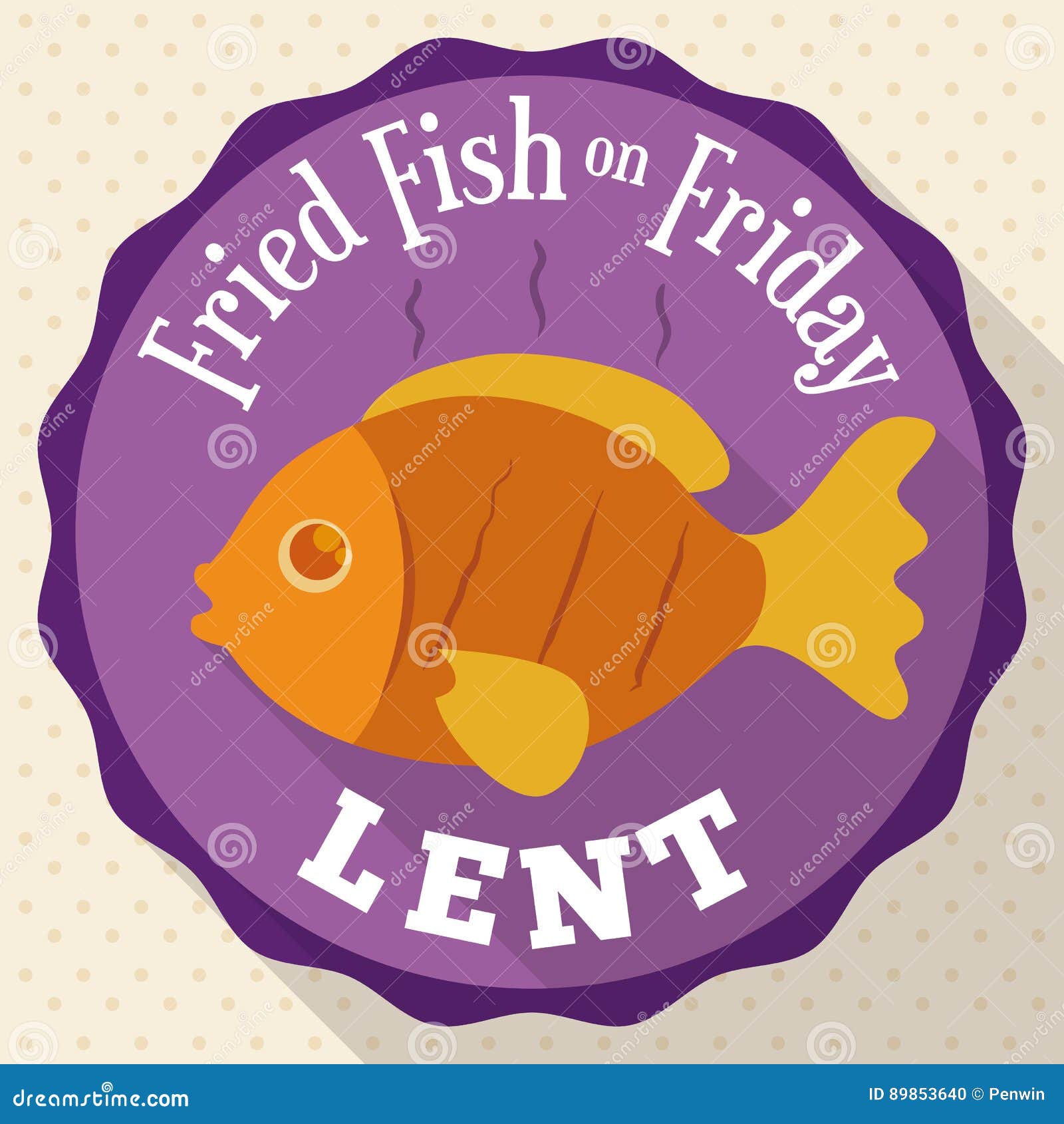 Round Button with Fried Fish Design for Lent, Vector Illustration Stock ...
