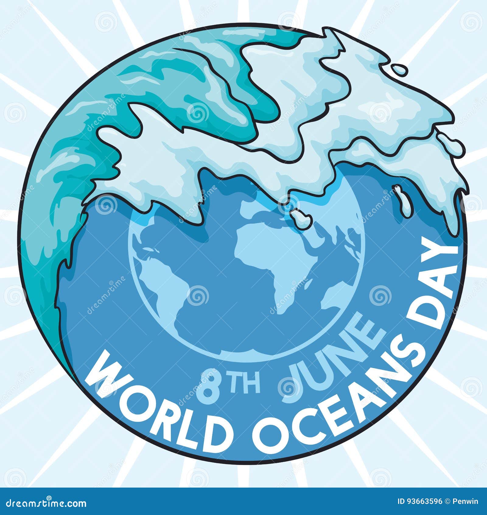 Round Button With Wave And Globe For World Oceans Day Vector