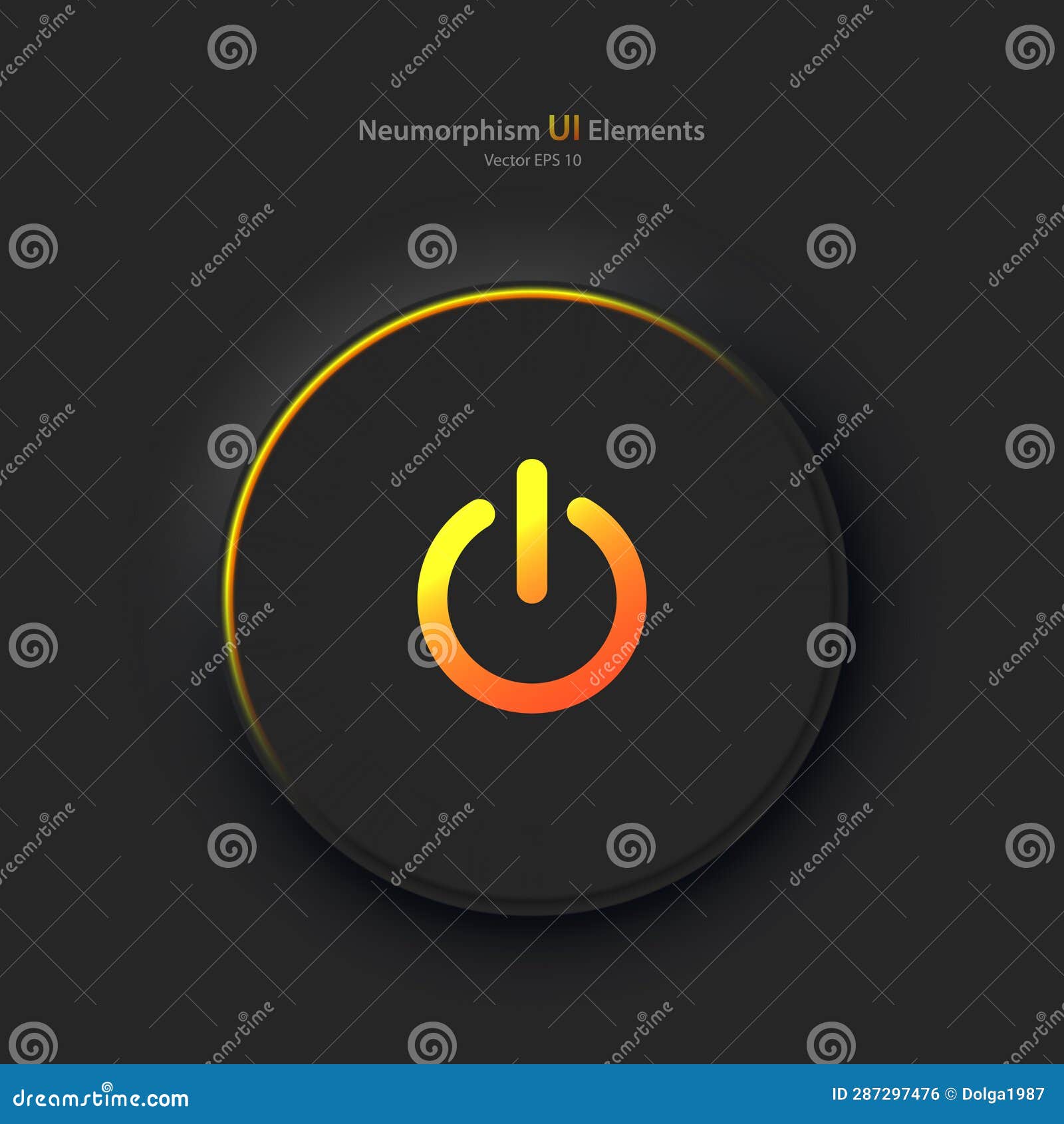 A Round Button with a Yellow-orange Power Symbol on a Black Background ...