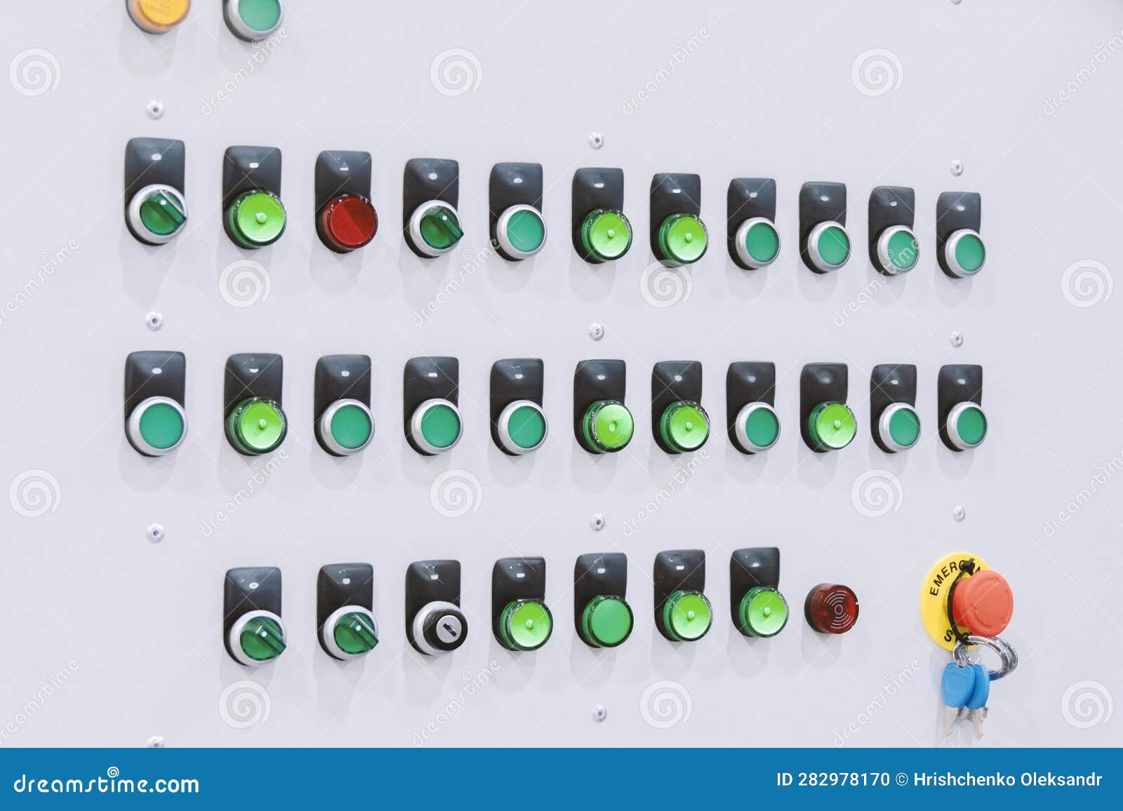 Round Buttons of the Industrial Control Panel on the Shield in Green ...