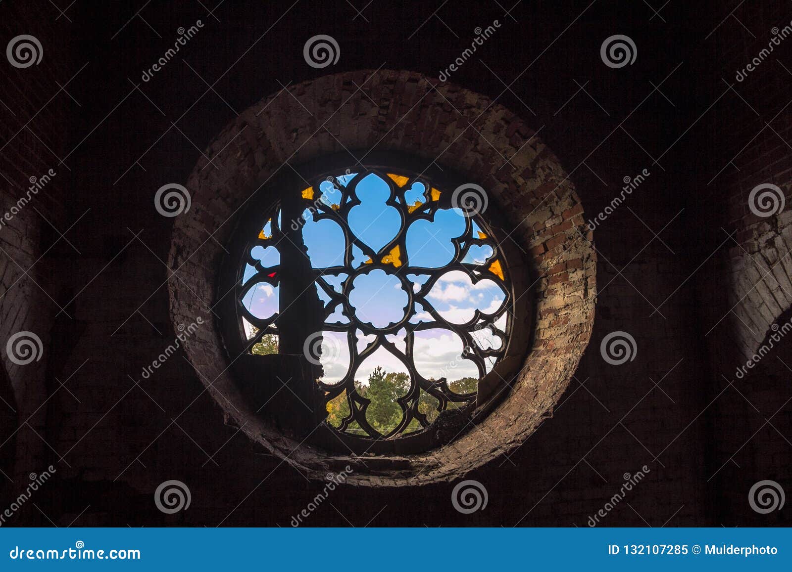 Round Castle Window with Broken Stained-glass Windows Stock Image ...