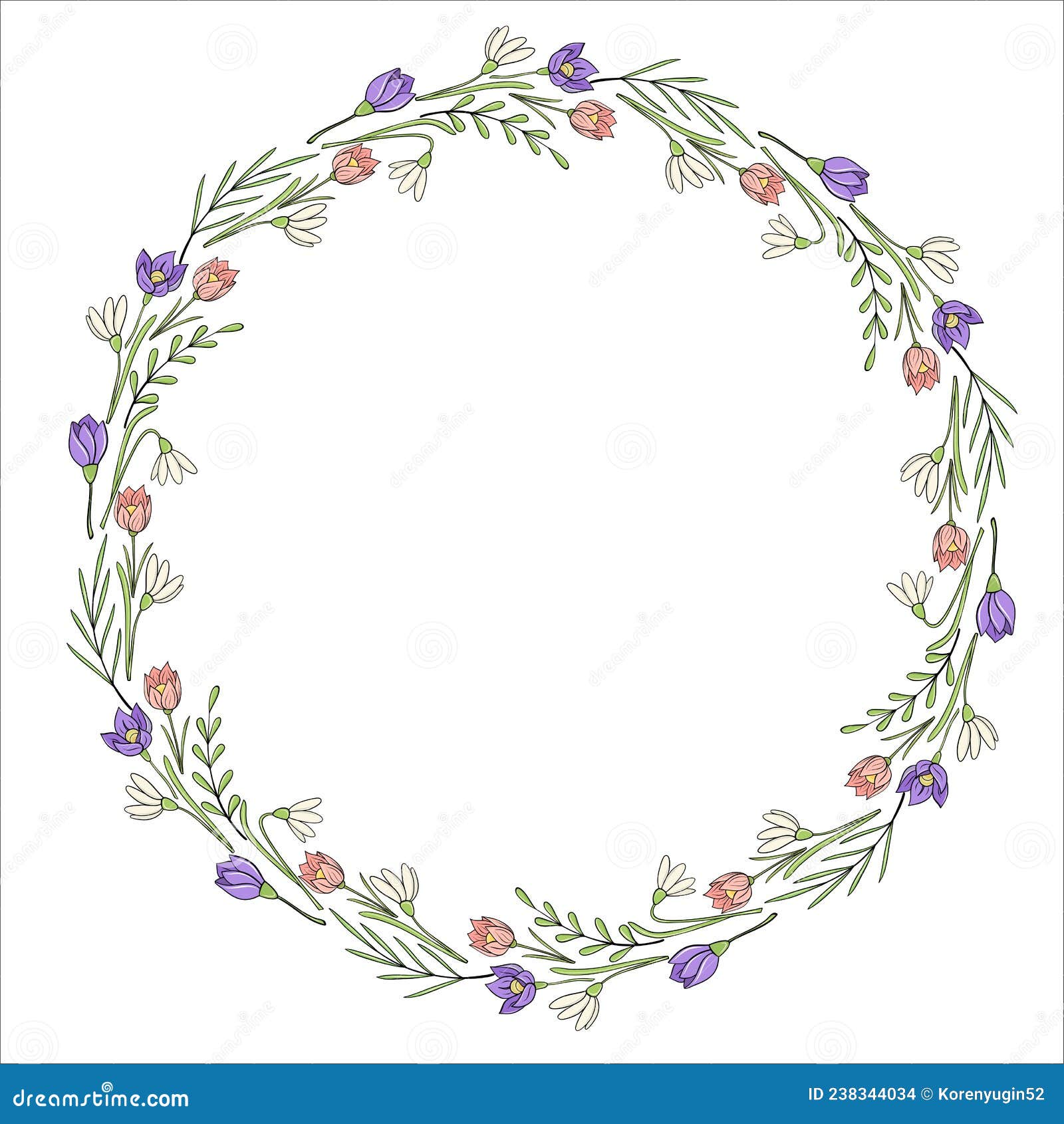 Round Circle Frame with Spring Flowers Hand Drawn for Design Stock ...